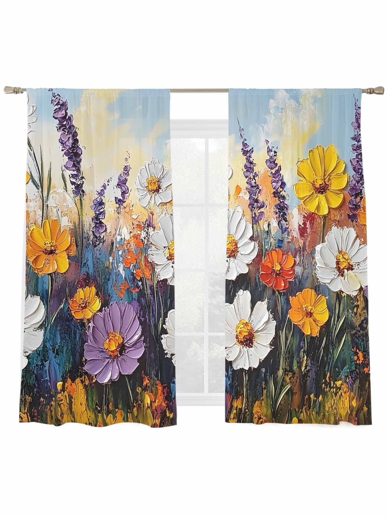 Spring Floral Sheer Curtains 2 Panels Set Lavender Colorful Oil ...