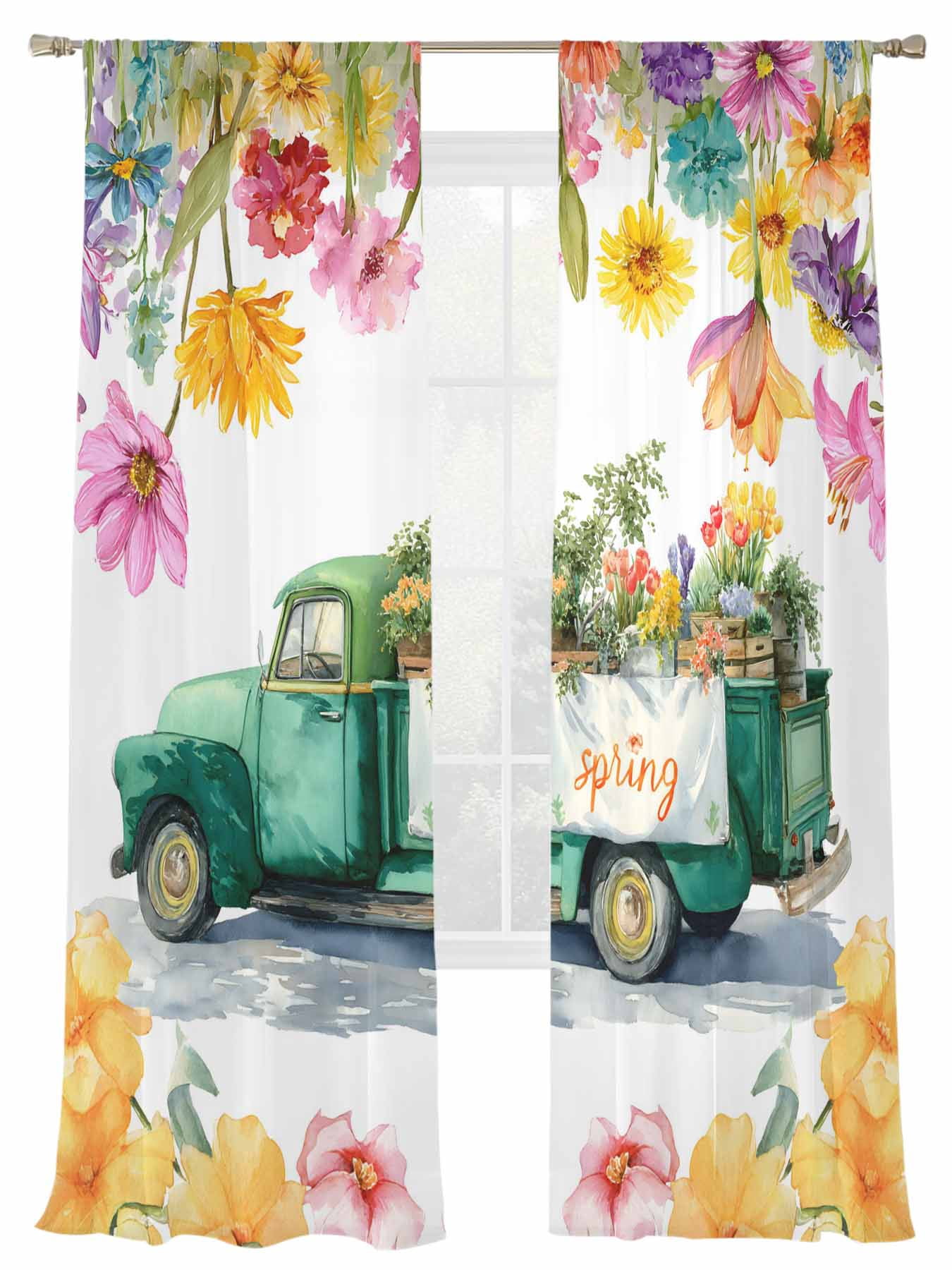 Spring Floral Sheer Curtains 2 Panels Set Oil Painting Flower ...