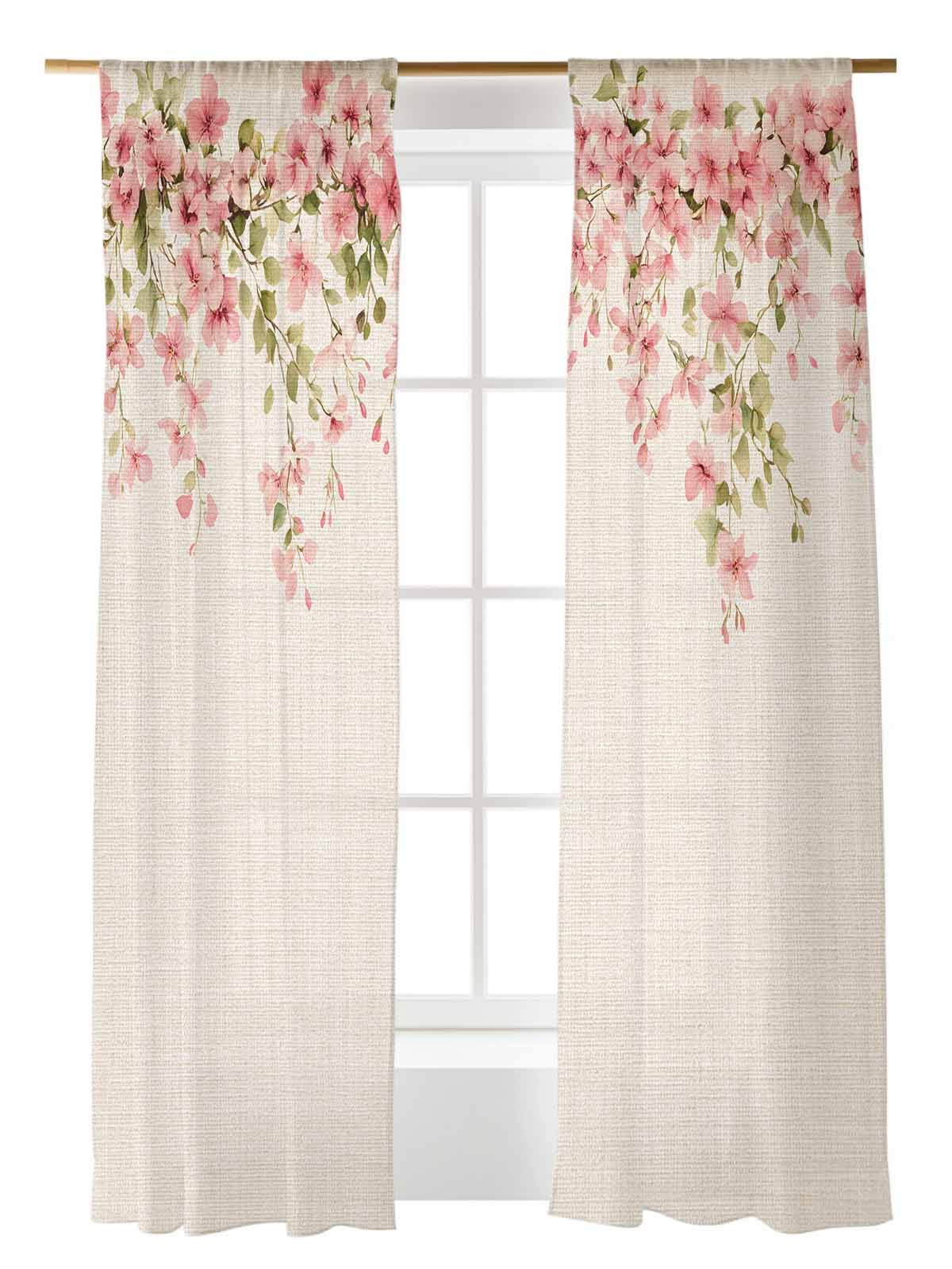 Spring Floral Sheer Curtains 2 Panels Set Pink Flowers Green Leaves ...