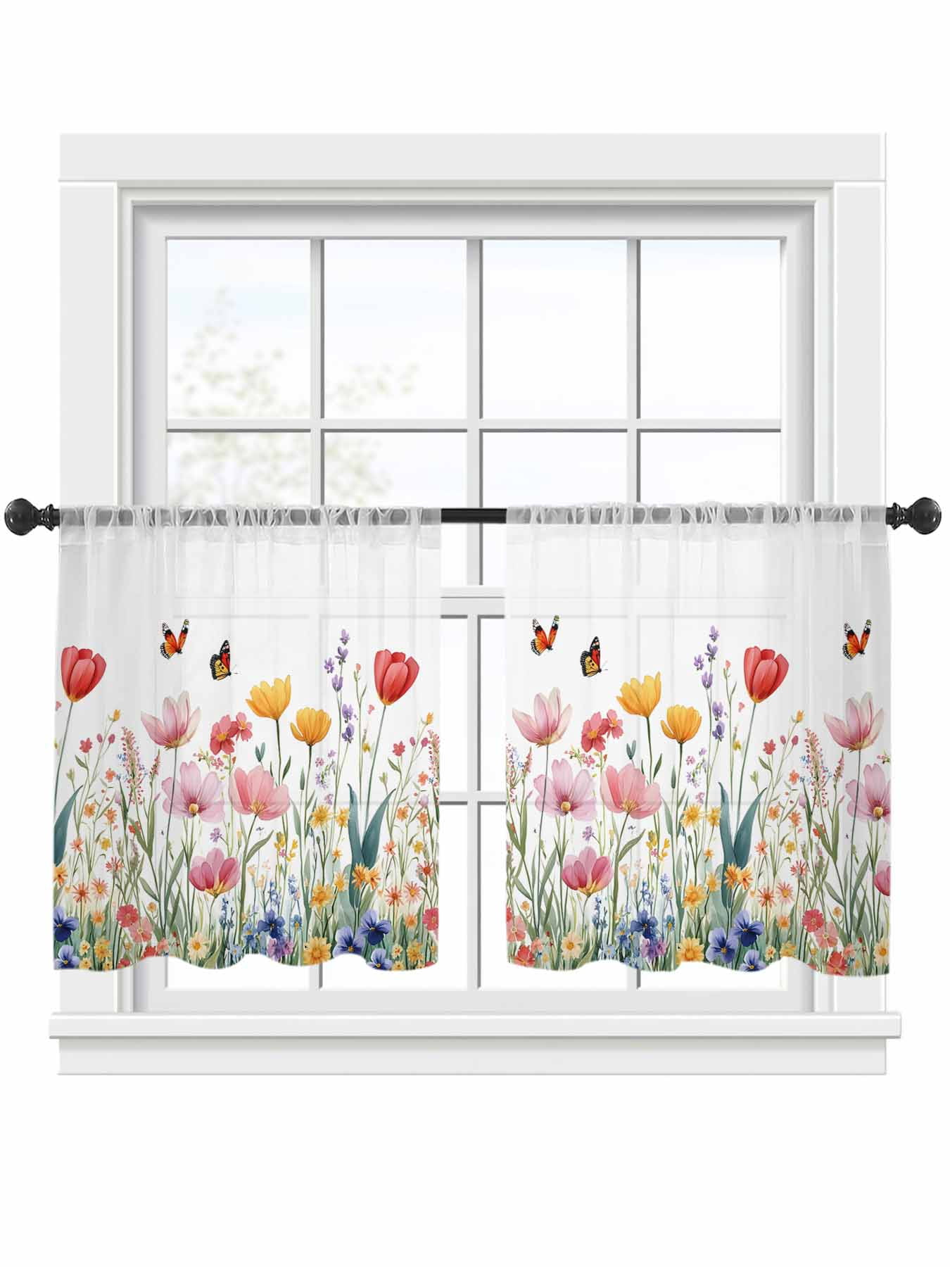 Spring Floral Sheer Curtains 2 Panels Set Pink Yellow Wildflower Plant ...