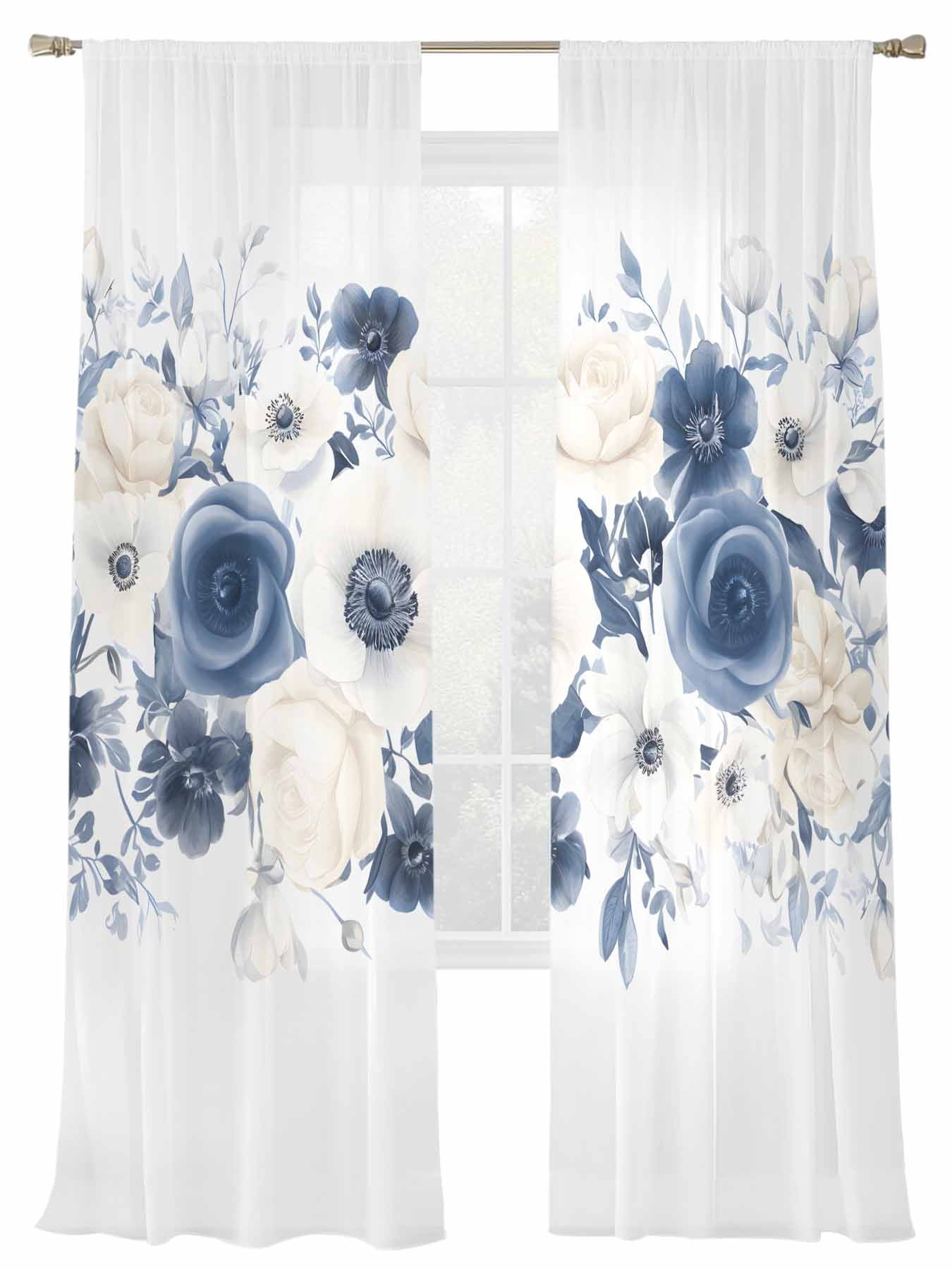 Spring Floral Sheer Curtains 2 Panels Set Retro White Blue Flower ...
