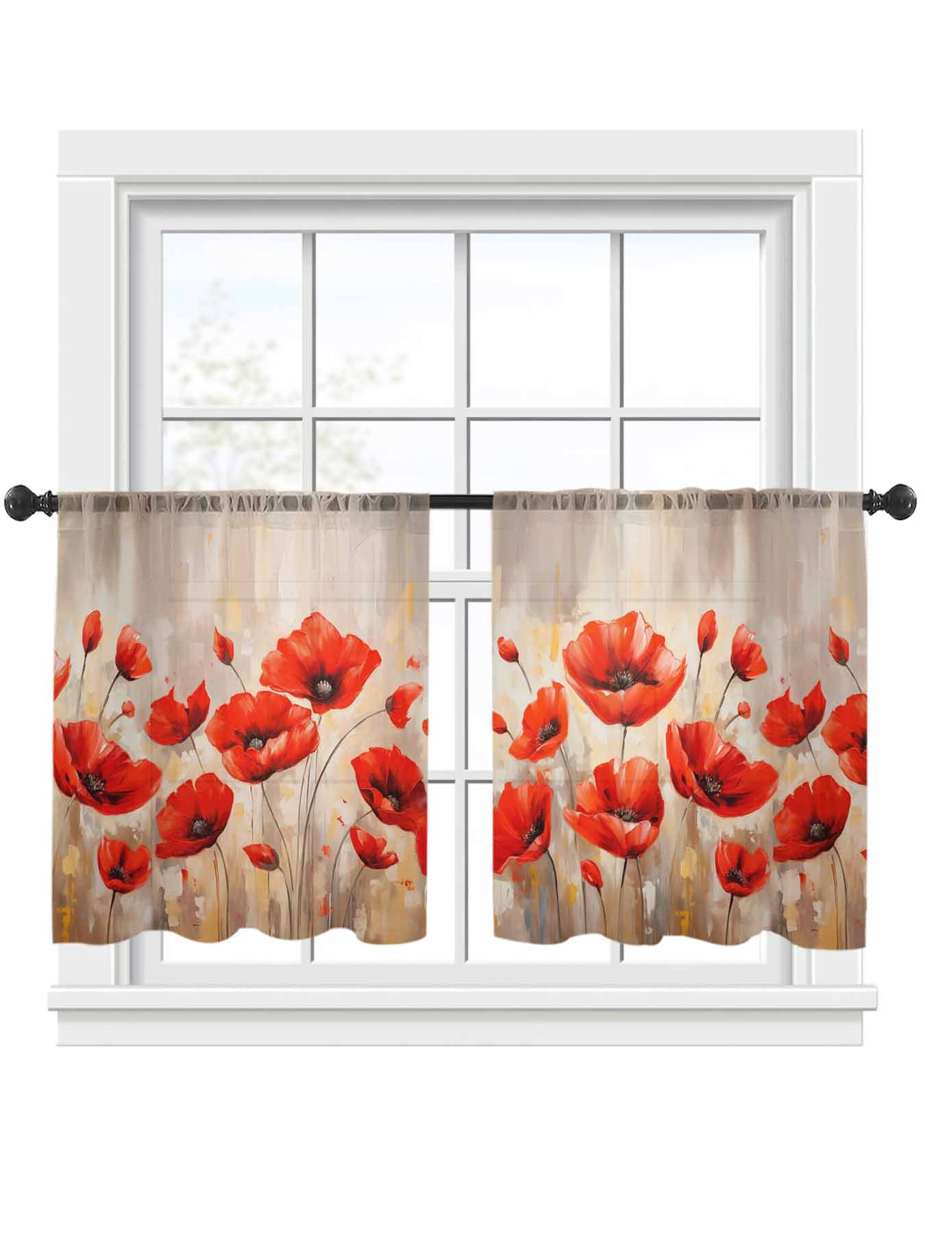 Spring Floral Sheer Curtains 2 Panels Set Watercolor Poppy Oil Painting ...
