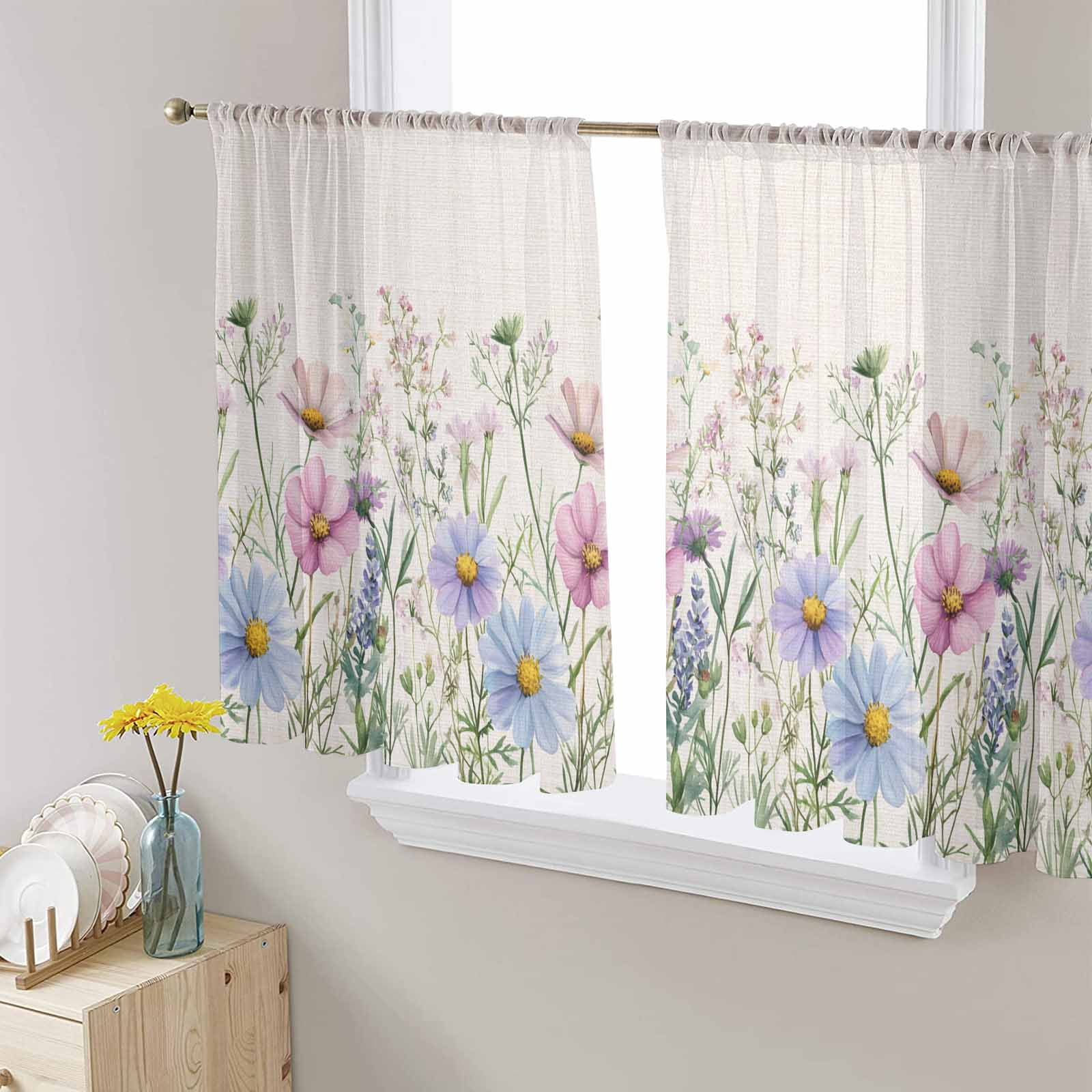 Spring Floral Sheer Curtains 54 Inch Length 2 Panels Set for Living ...