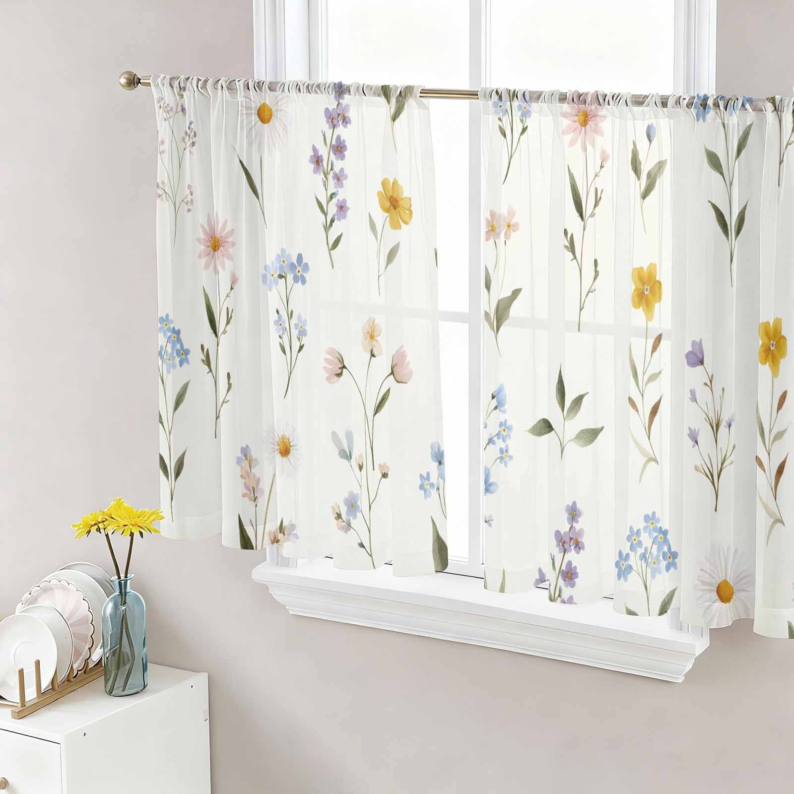 Spring Floral Sheer Curtains 54 Inch Length 2 Panels Set, Watercolor ...