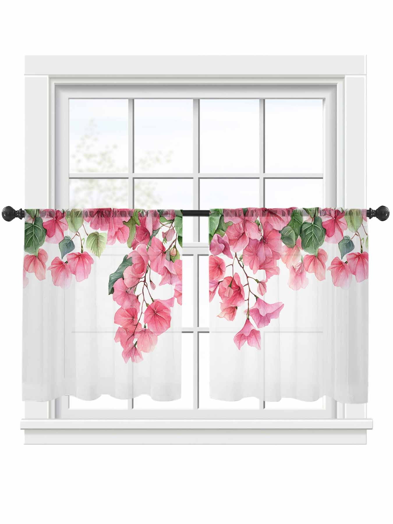 Spring Floral Sheer Curtains 54 Inch Long 2 Panels, Pink Flowers Green ...