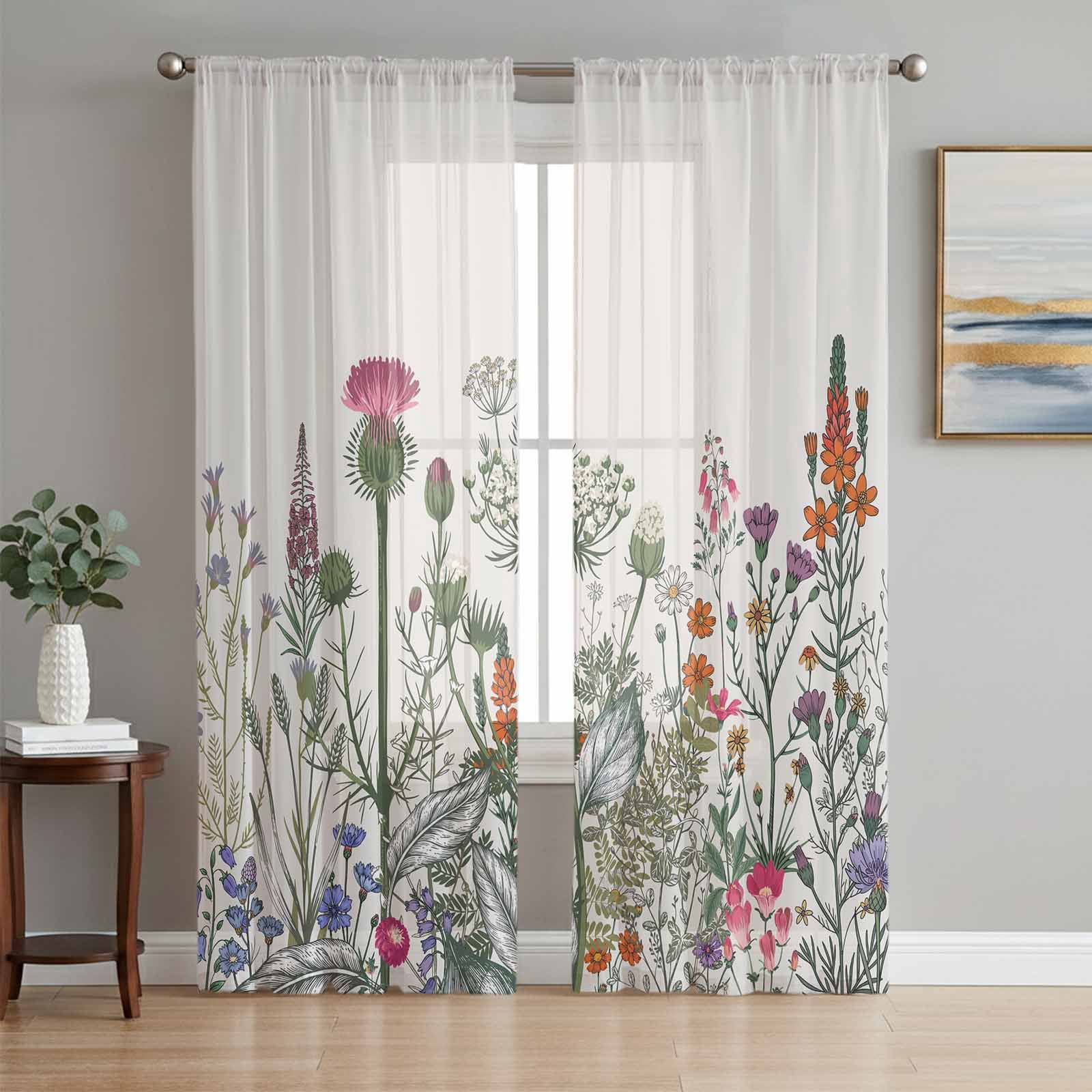 Spring Floral Sheer Curtains 63 Inch Length 2 Panels Set, Country ...