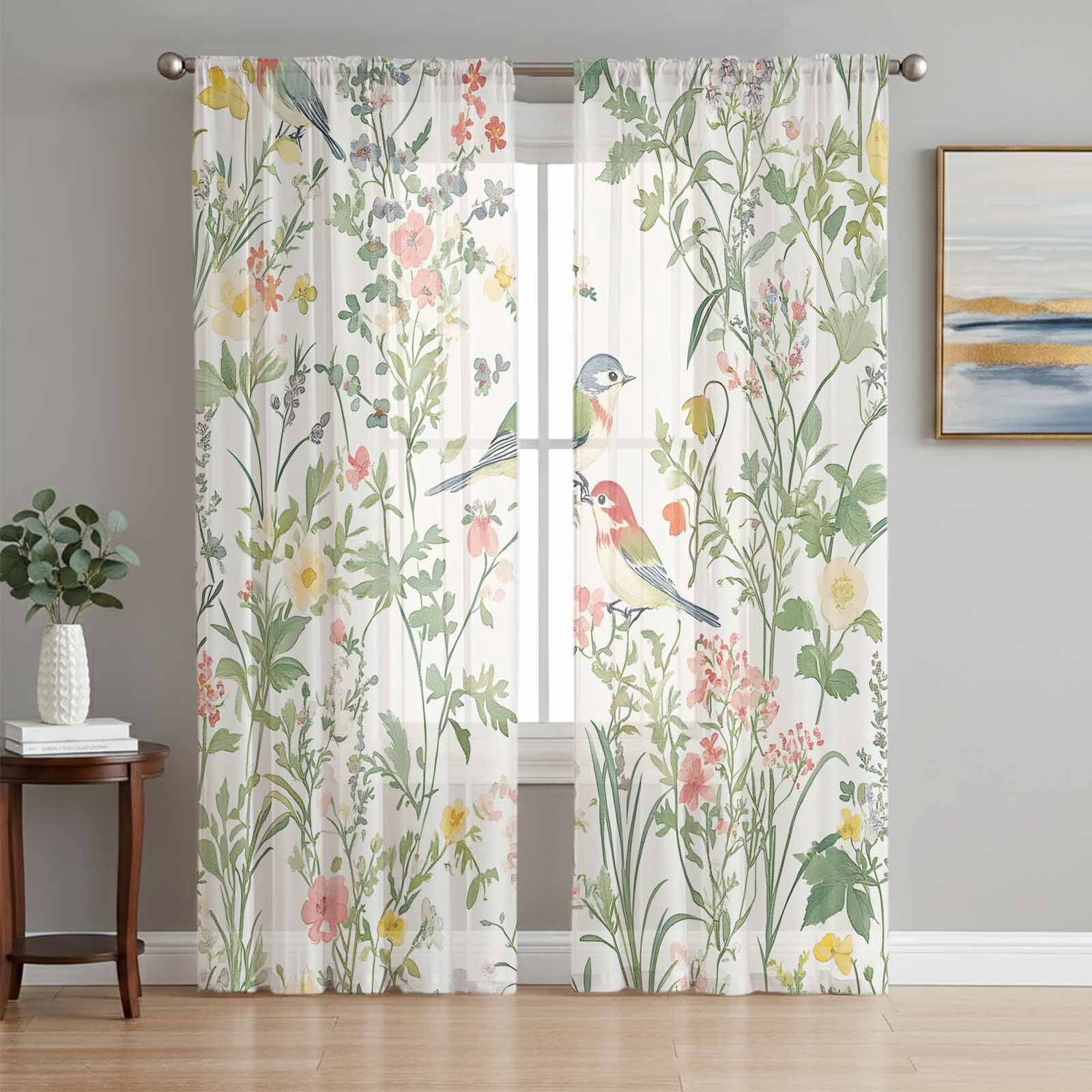Spring Floral Sheer Curtains 63 Inch Length 2 Panels Set, Summer Birds ...