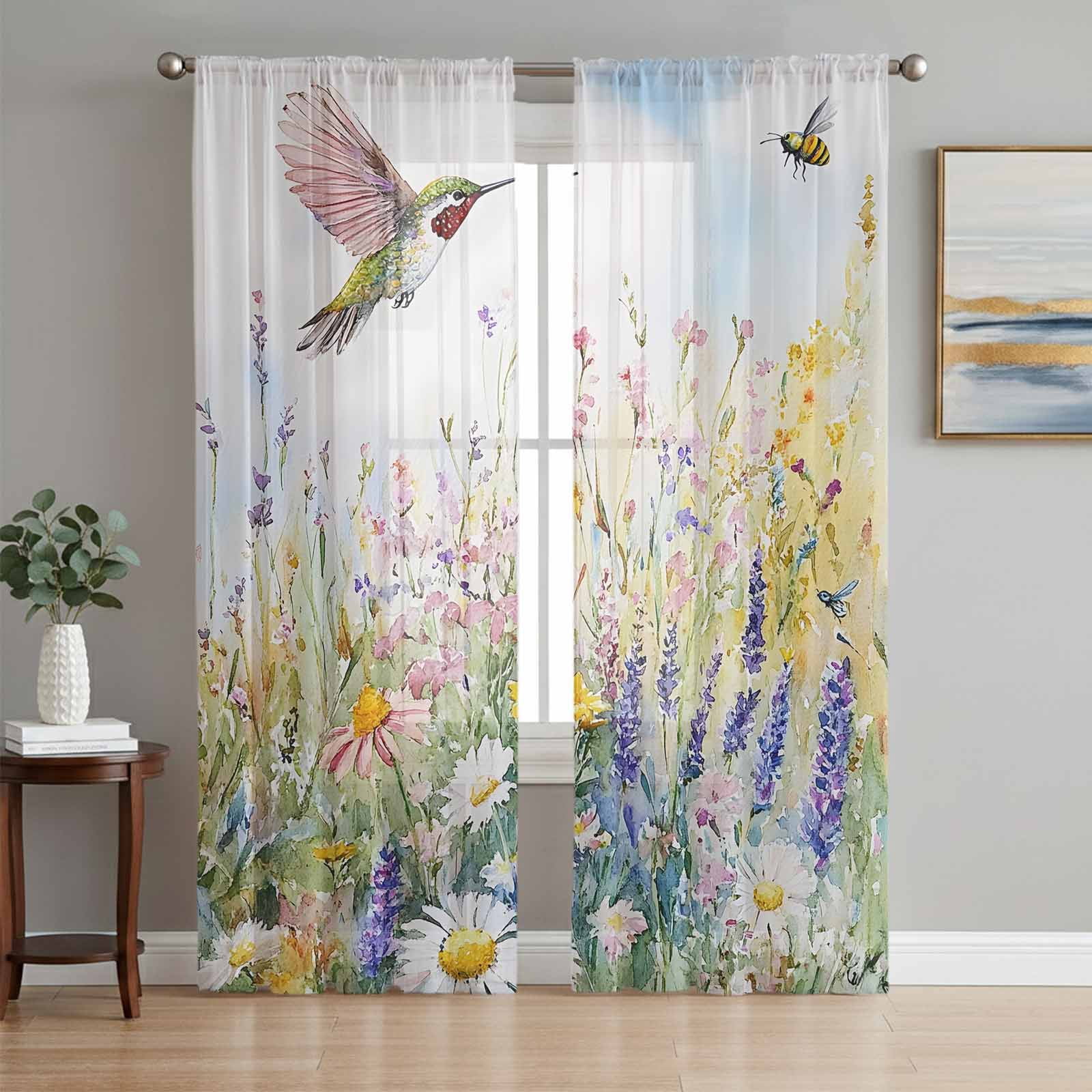 Spring Floral Sheer Curtains 63 Inch Length 2 Panels Set, Summer ...
