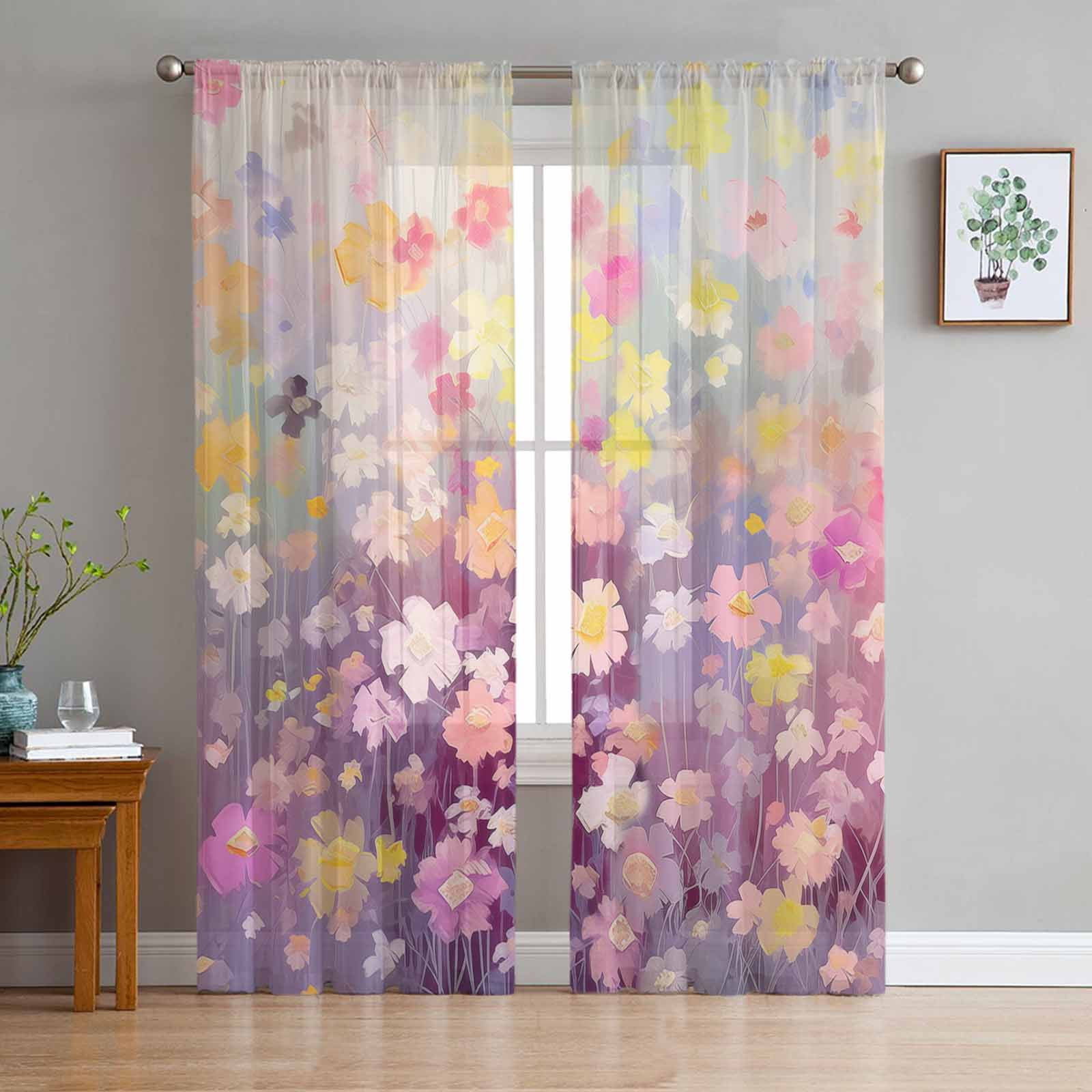 Spring Floral Sheer Curtains 63 Inches Length 2 Panels Set, Window ...