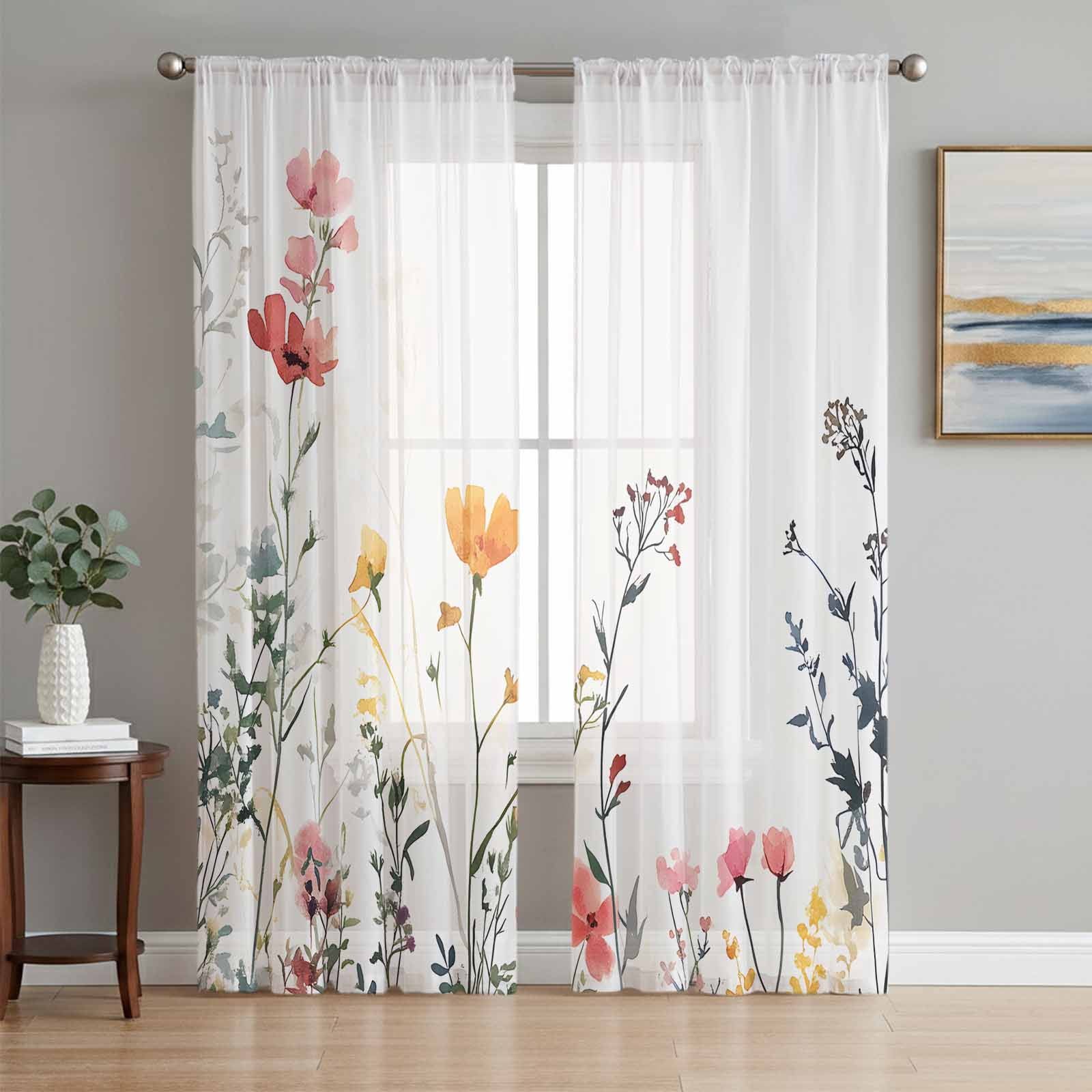 Spring Floral Sheer Curtains 72 Inch Length 2 Panels Set, Botanical ...