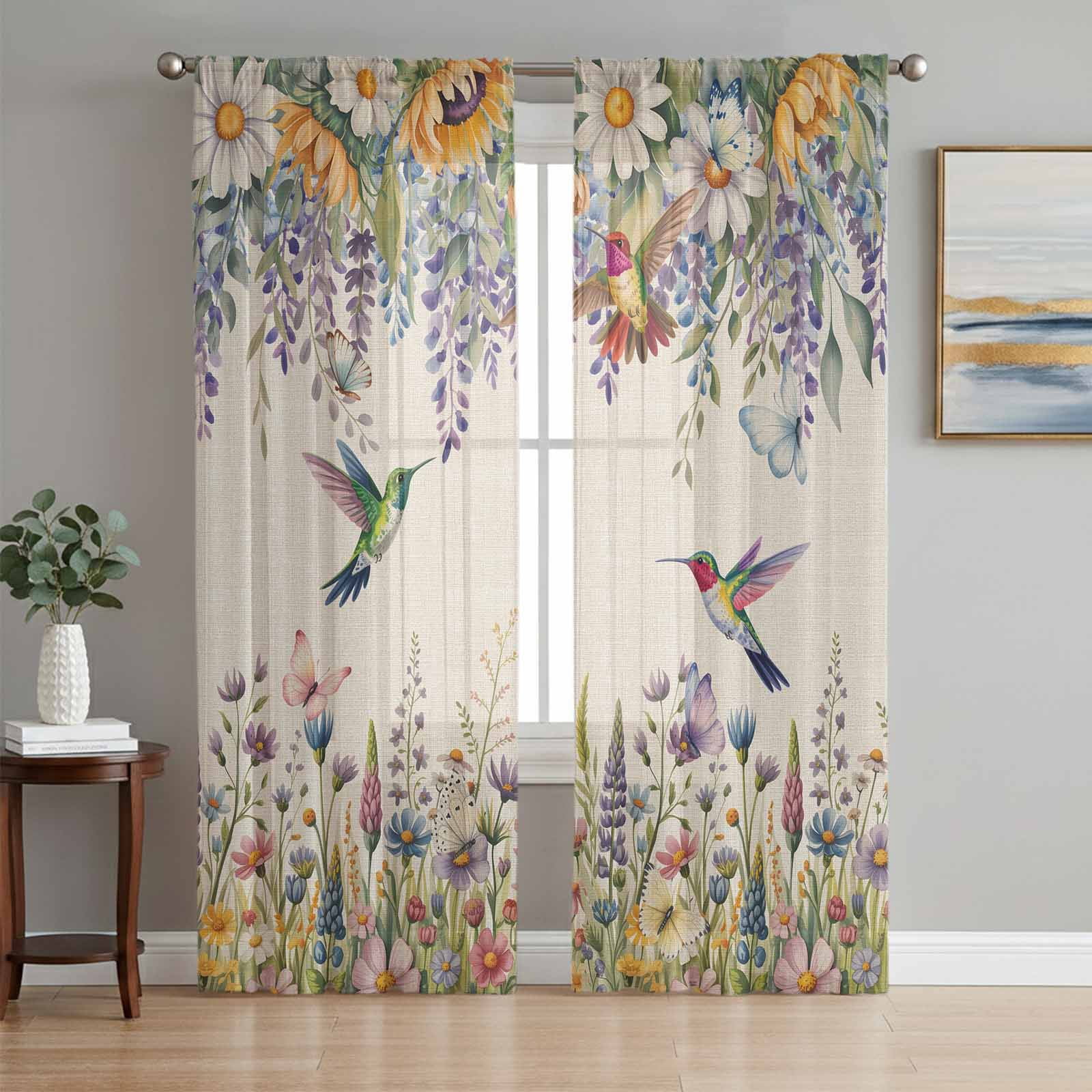 Spring Floral Sheer Curtains 72 Inch Length 2 Panels Set, Daisy ...