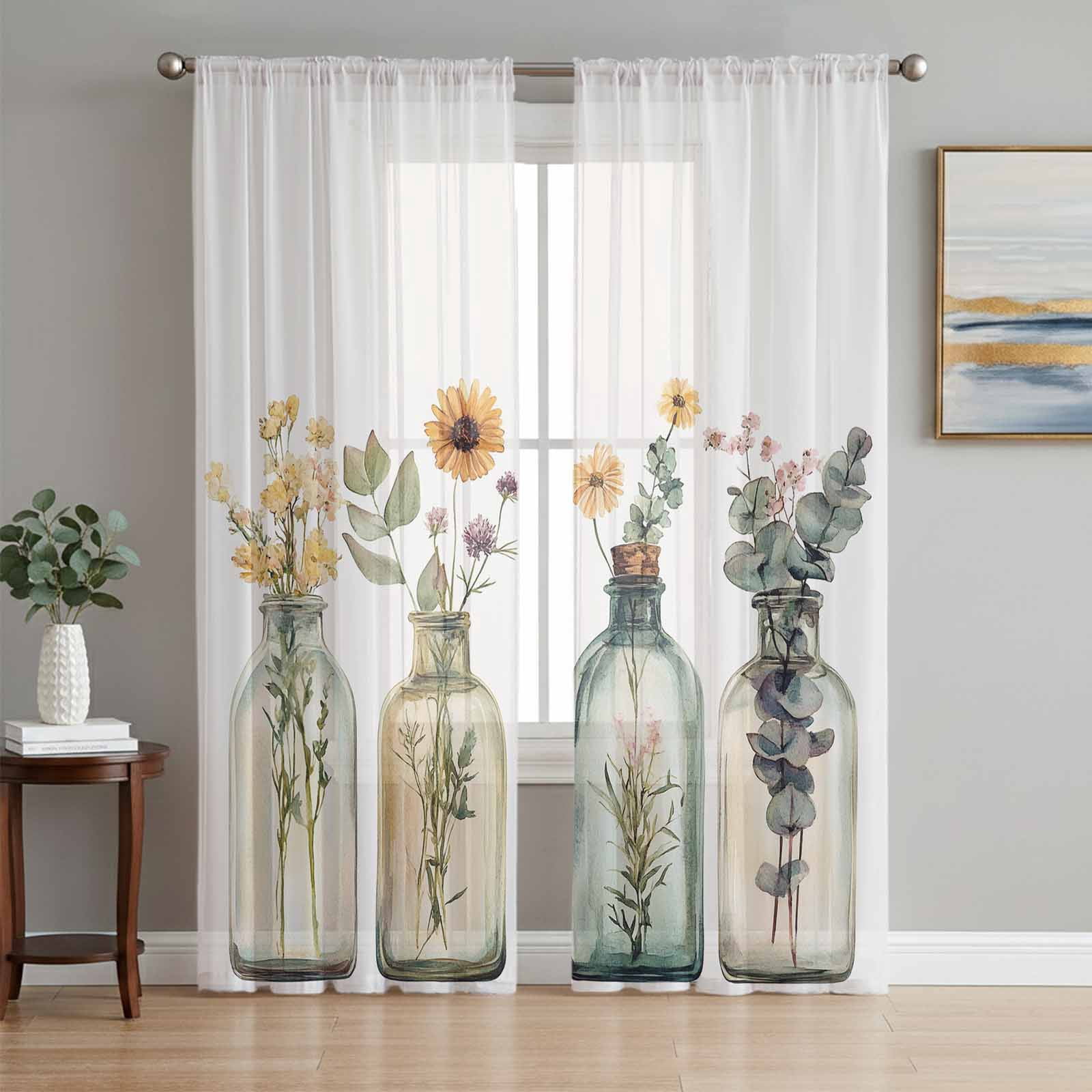 Spring Floral Sheer Curtains 72 Inch Length 2 Panels Set, Summer ...