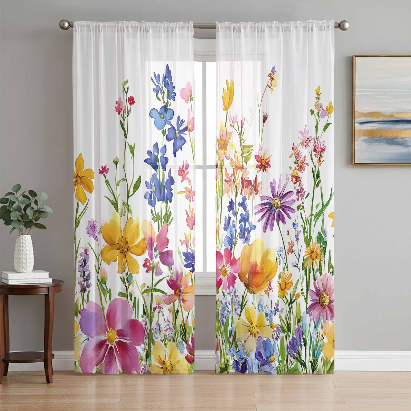 Spring Floral Sheer Curtains 72 Inch Length 2 Panels Set, Summer ...