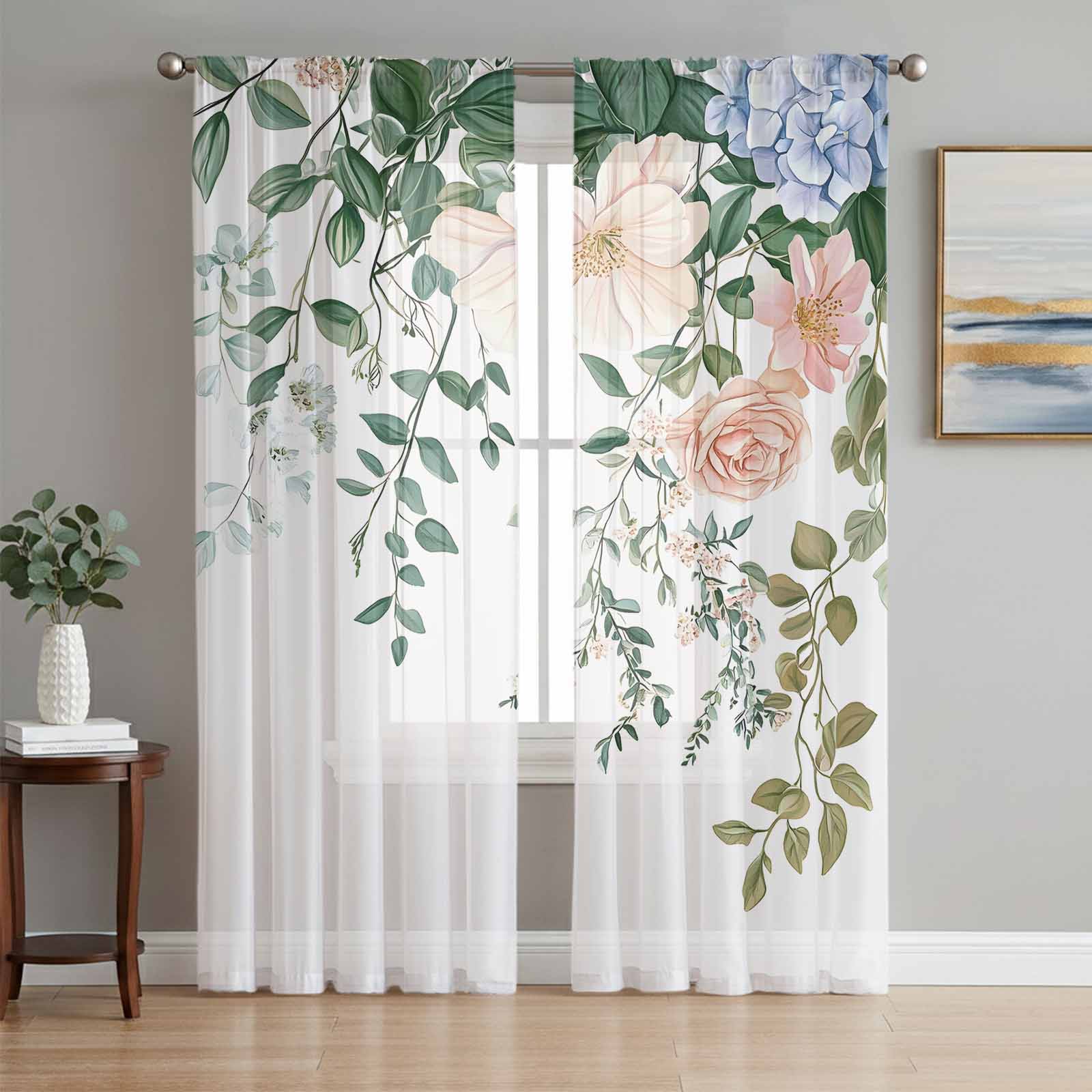 Spring Floral Sheer Curtains 72 Inch Length 2 Panels Set, Vintage ...