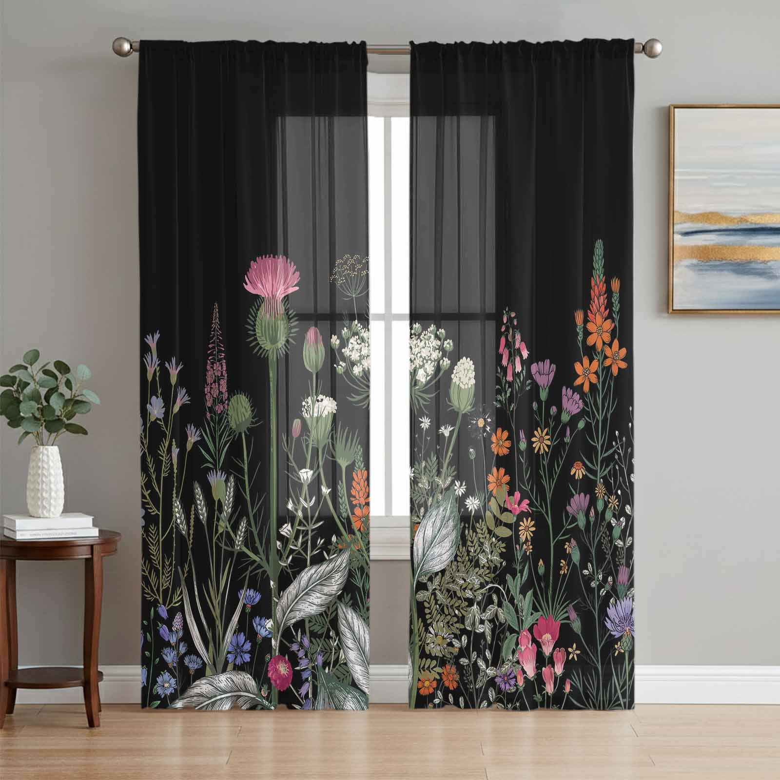 Spring Floral Sheer Curtains 84 Inch Length 2 Panels Set, Black ...