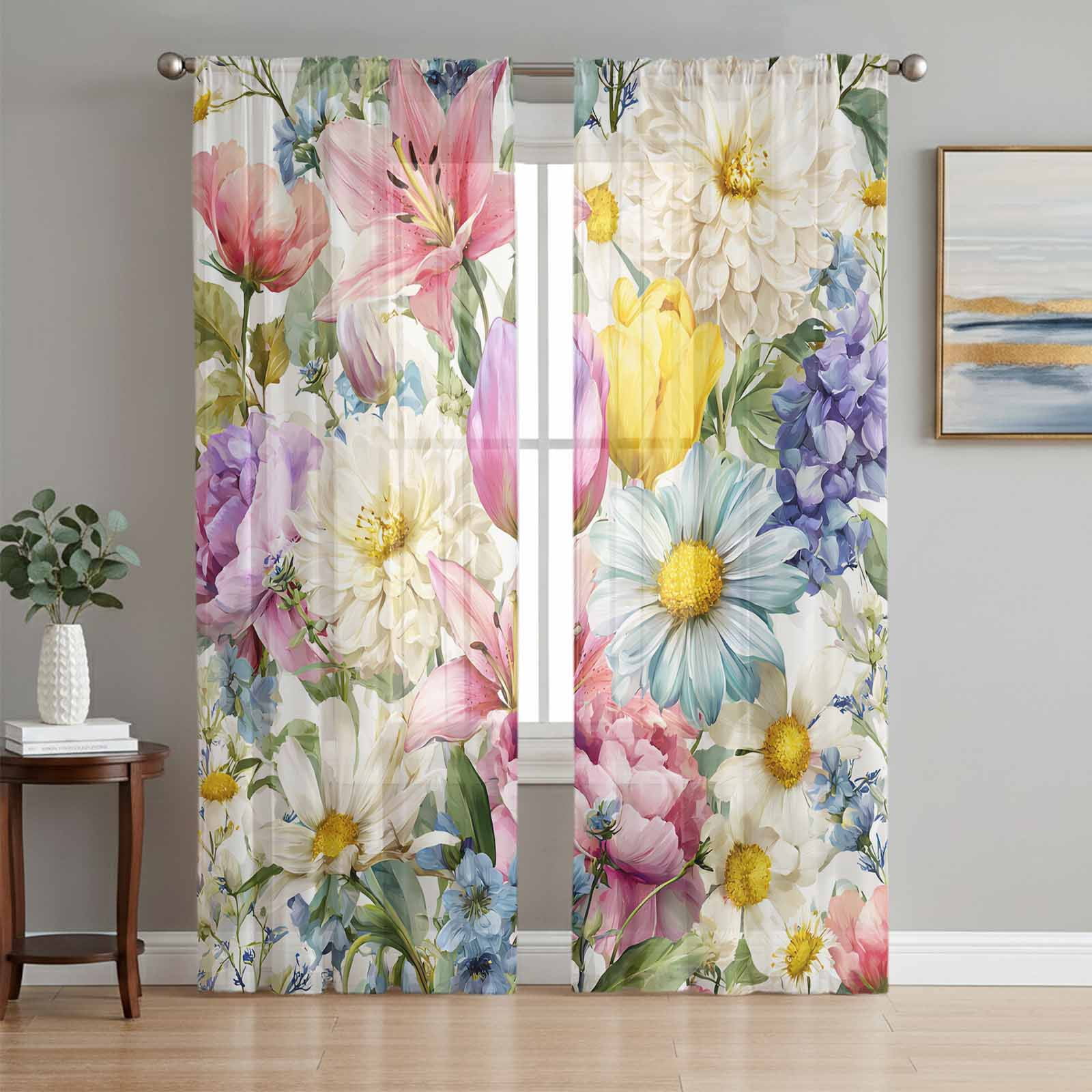 Spring Floral Sheer Curtains 84 Inch Length 2 Panels Set, Farmhouse ...