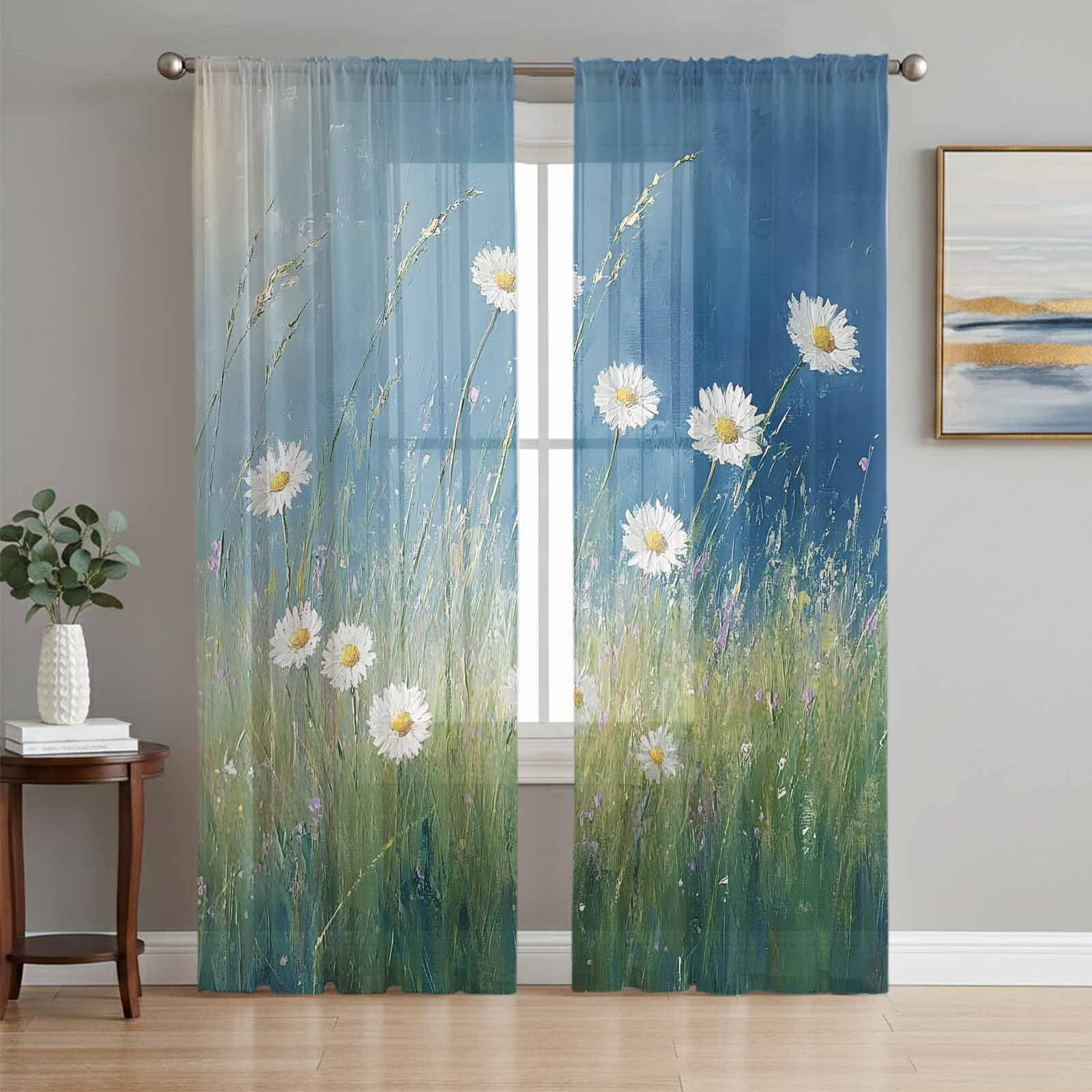 Spring Floral Sheer Curtains 84 Inch Length 2 Panels Set, Modern Oil ...