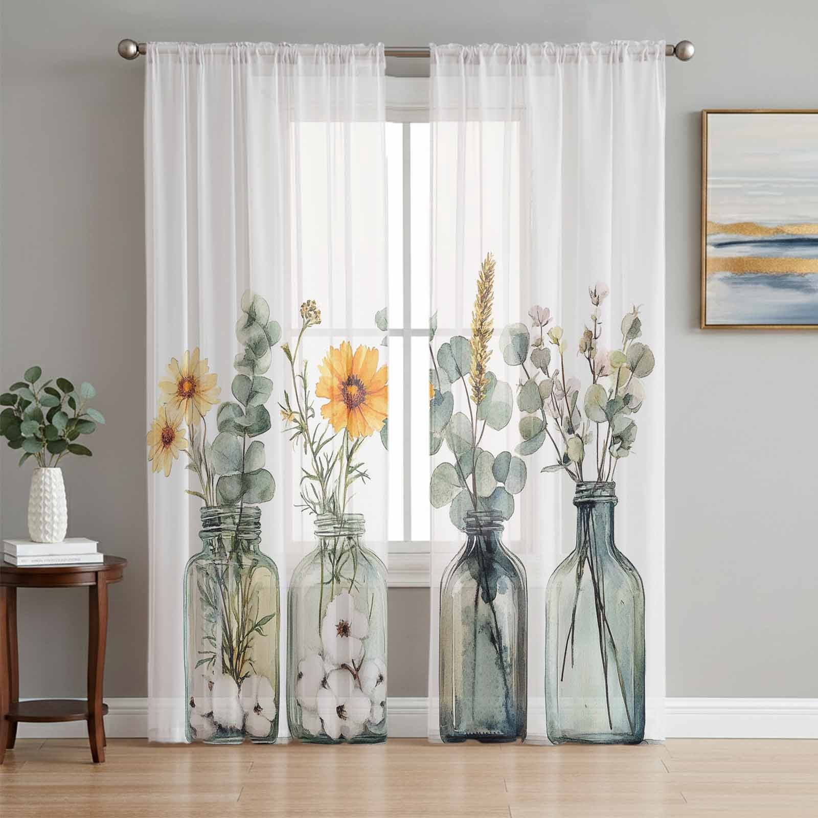 Spring Floral Sheer Curtains 84 Inch Length 2 Panels Set, Pastoral ...
