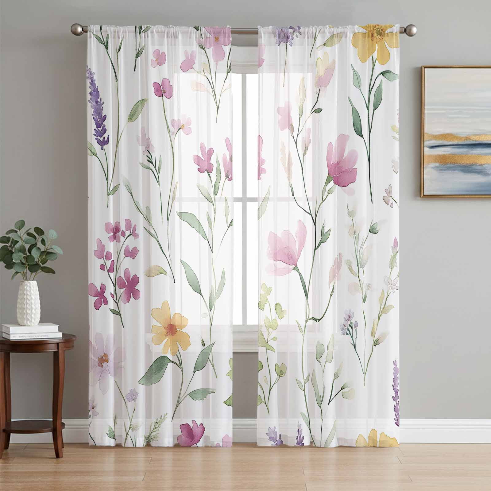 Spring Floral Sheer Curtains 84 Inch Length 2 Panels Set, Summer ...