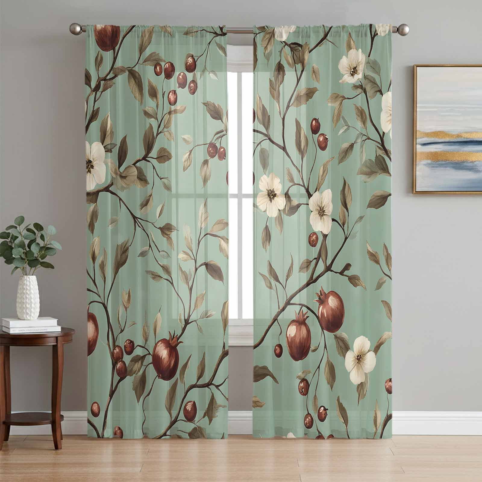 Spring Floral Sheer Curtains 84 Inch Length 2 Panels Set, Vintage Teal ...