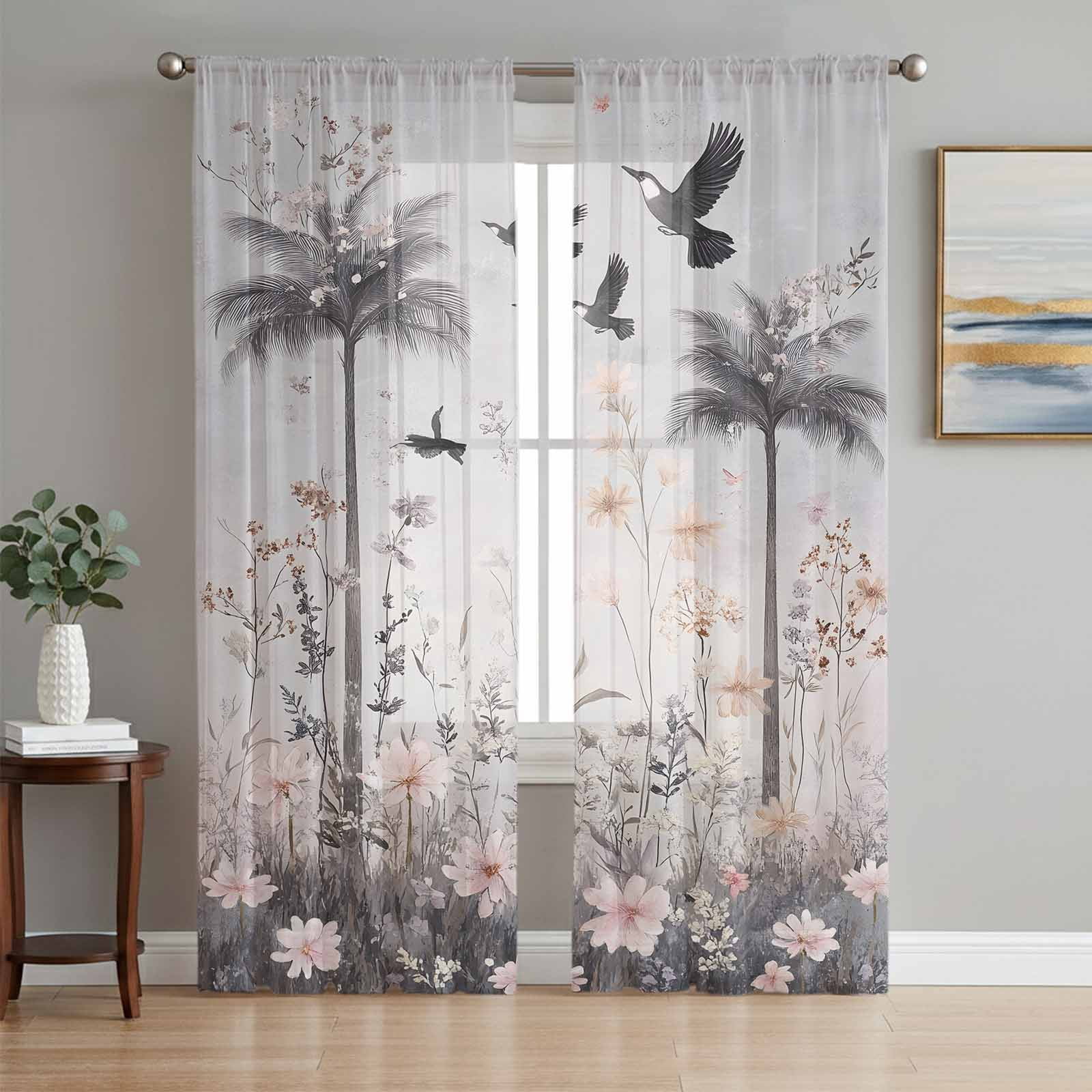 Spring Floral Sheer Curtains 84 Inch Length 2 Panels Set, Watercolor ...