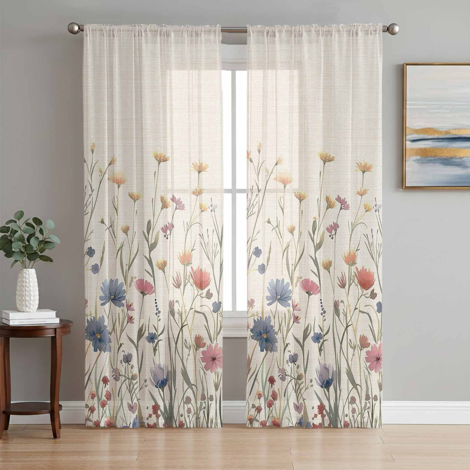 Spring Floral Sheer Curtains 84 Inch Length 2 Panels Set, Watercolor ...