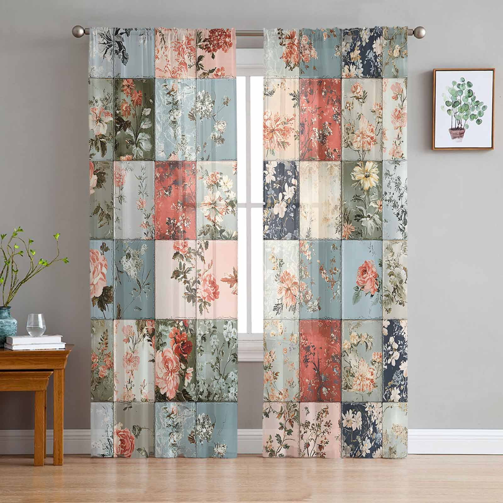 Spring Floral Sheer Curtains 84 Inches Long 2 Panels Set, Window Sheer ...