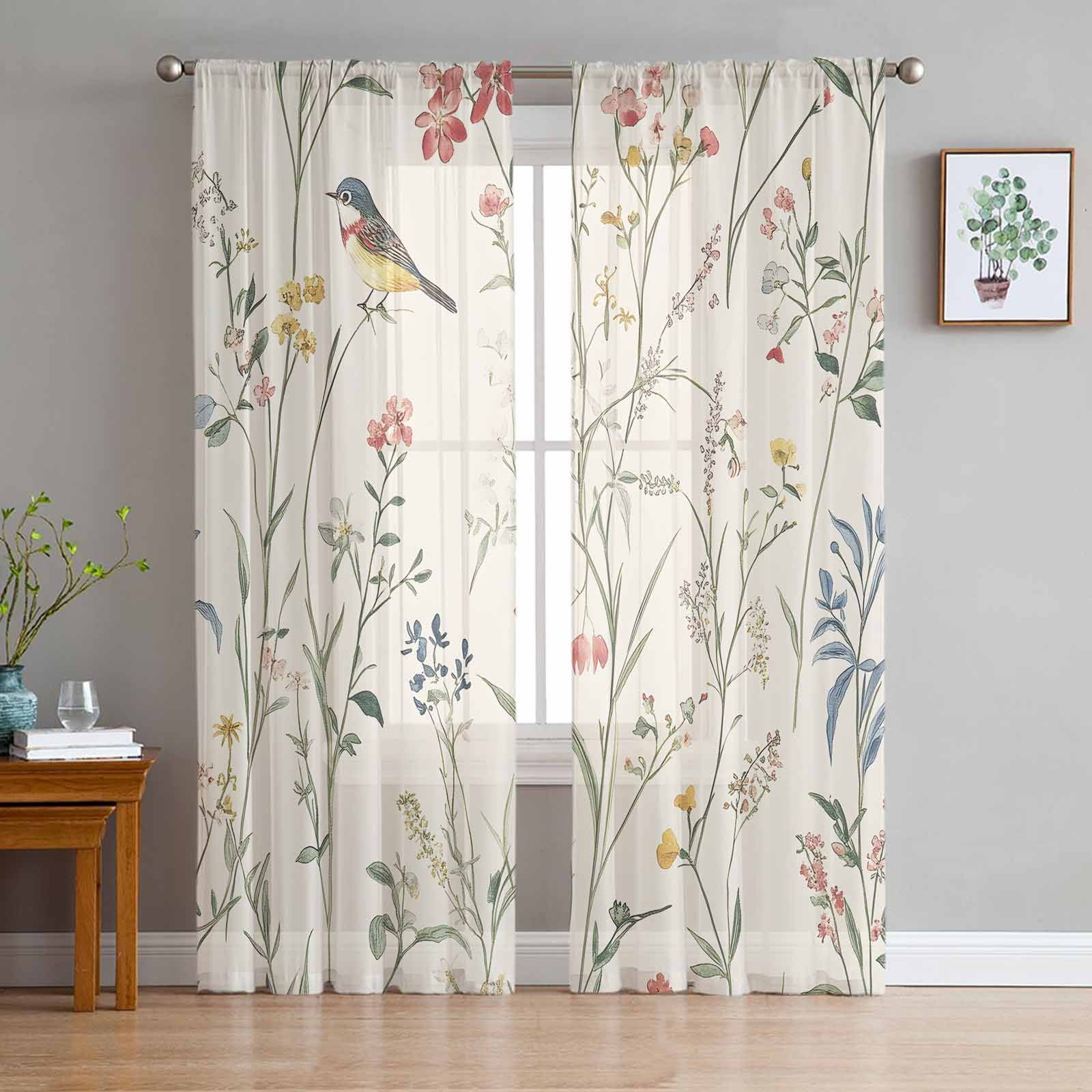 Spring Floral Sheer Curtains 84 Inches Long 2 Panels Set, Window Sheer ...
