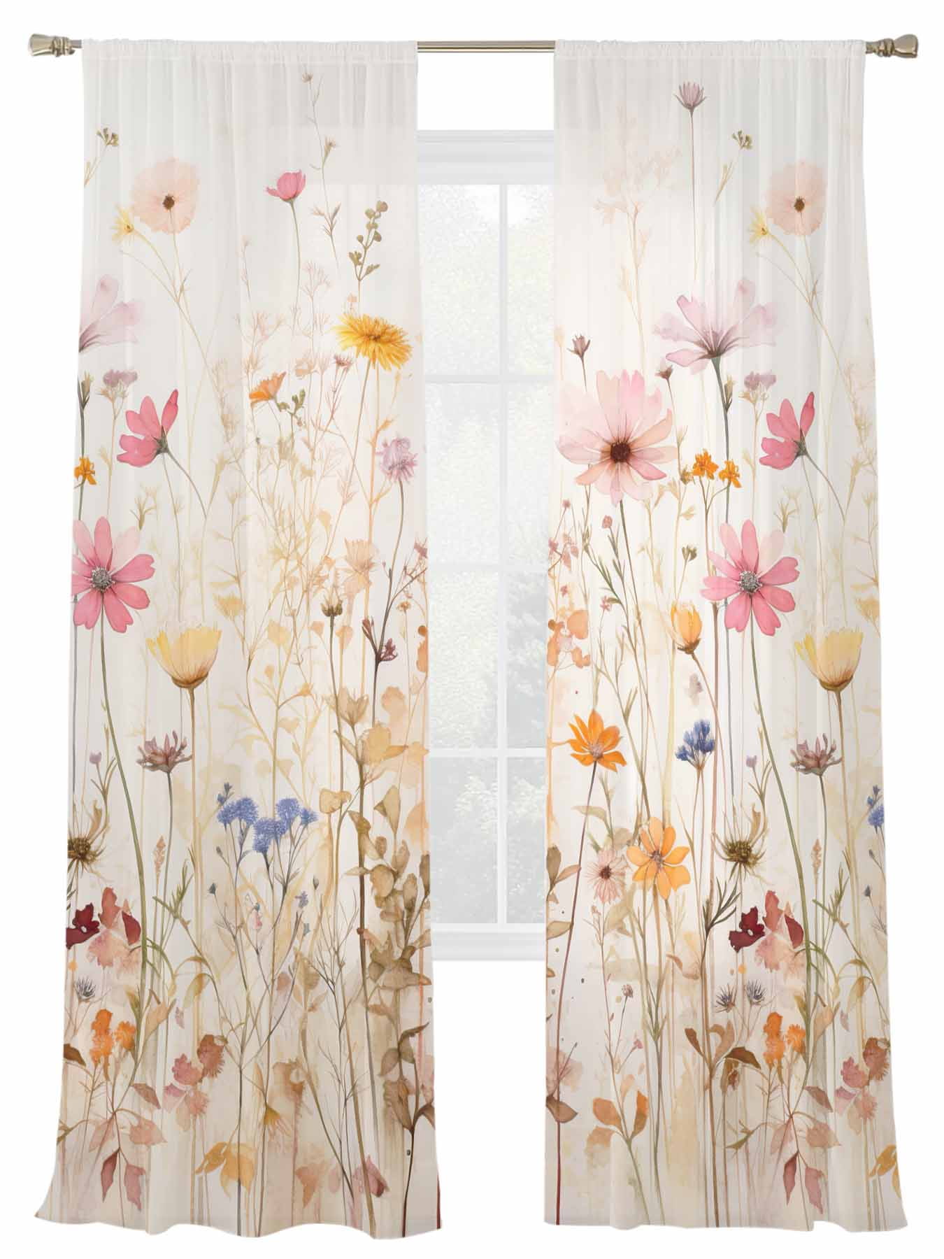 Spring Floral Sheer Curtains 96 Inch Length 2 Panels Set, Semi ...