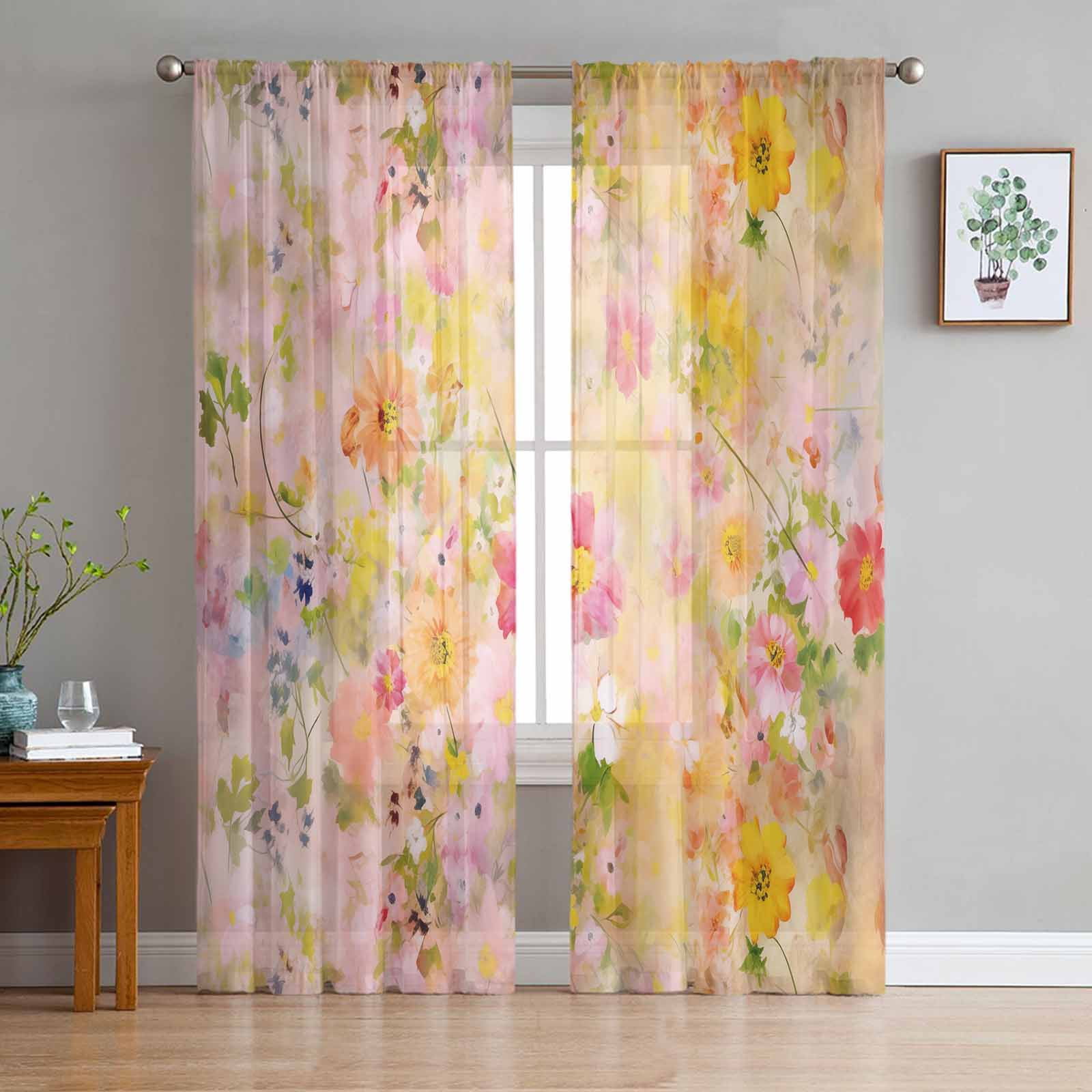 Spring Floral Sheer Curtains 96 Inches Long 2 Panels Set, Window Sheer ...