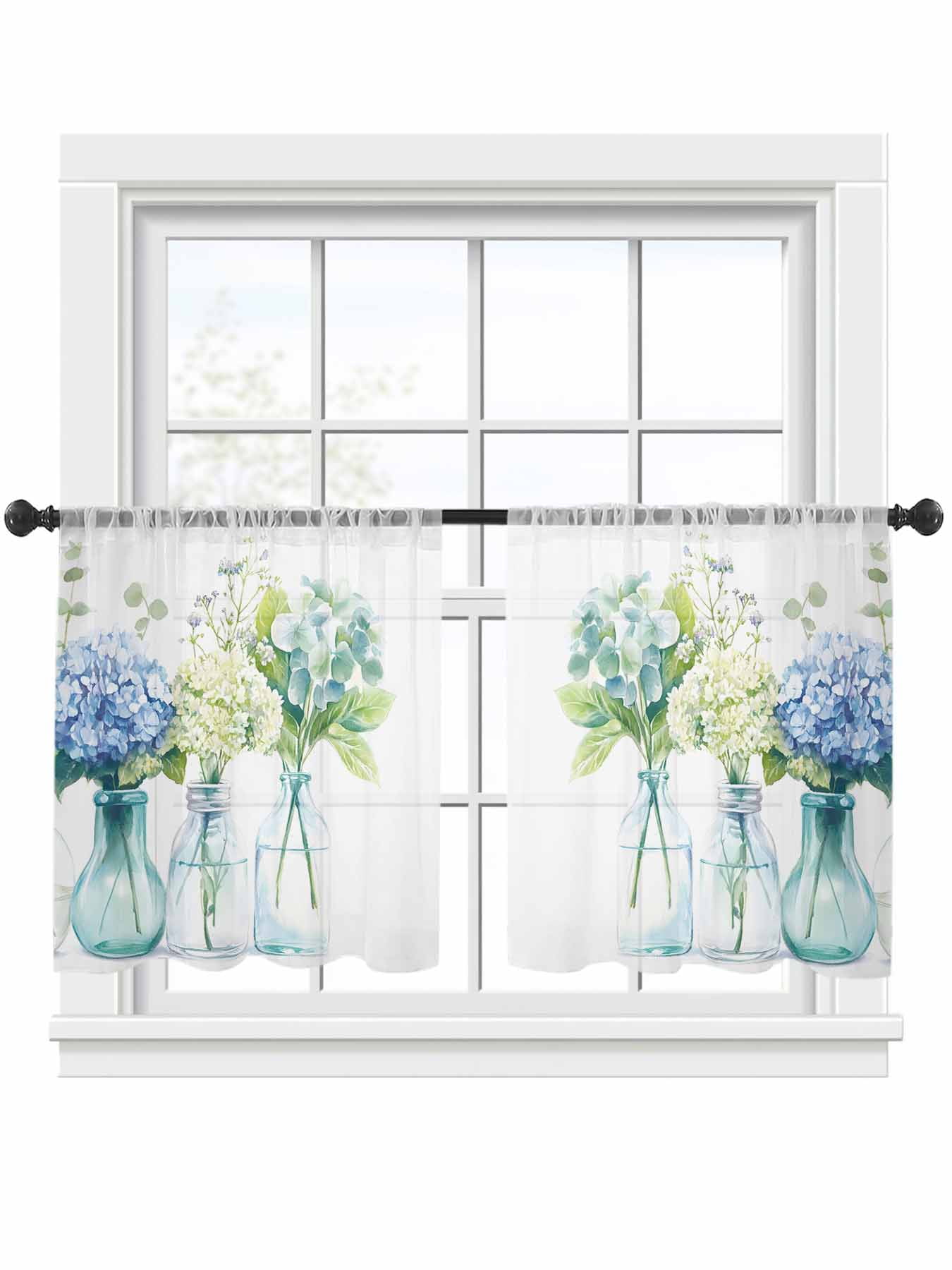 Spring Floral Sheer Curtains for Living Room Bedroom, Blue Hydrangea ...