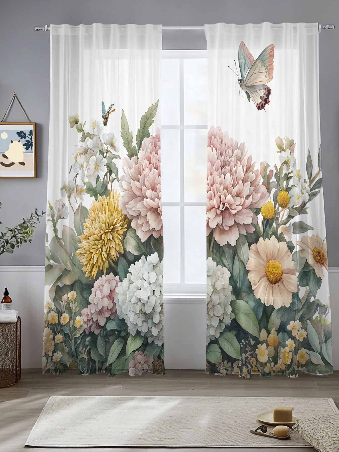 Spring Floral Sheer Curtains for Living Room Bedroom Pink Flowers ...