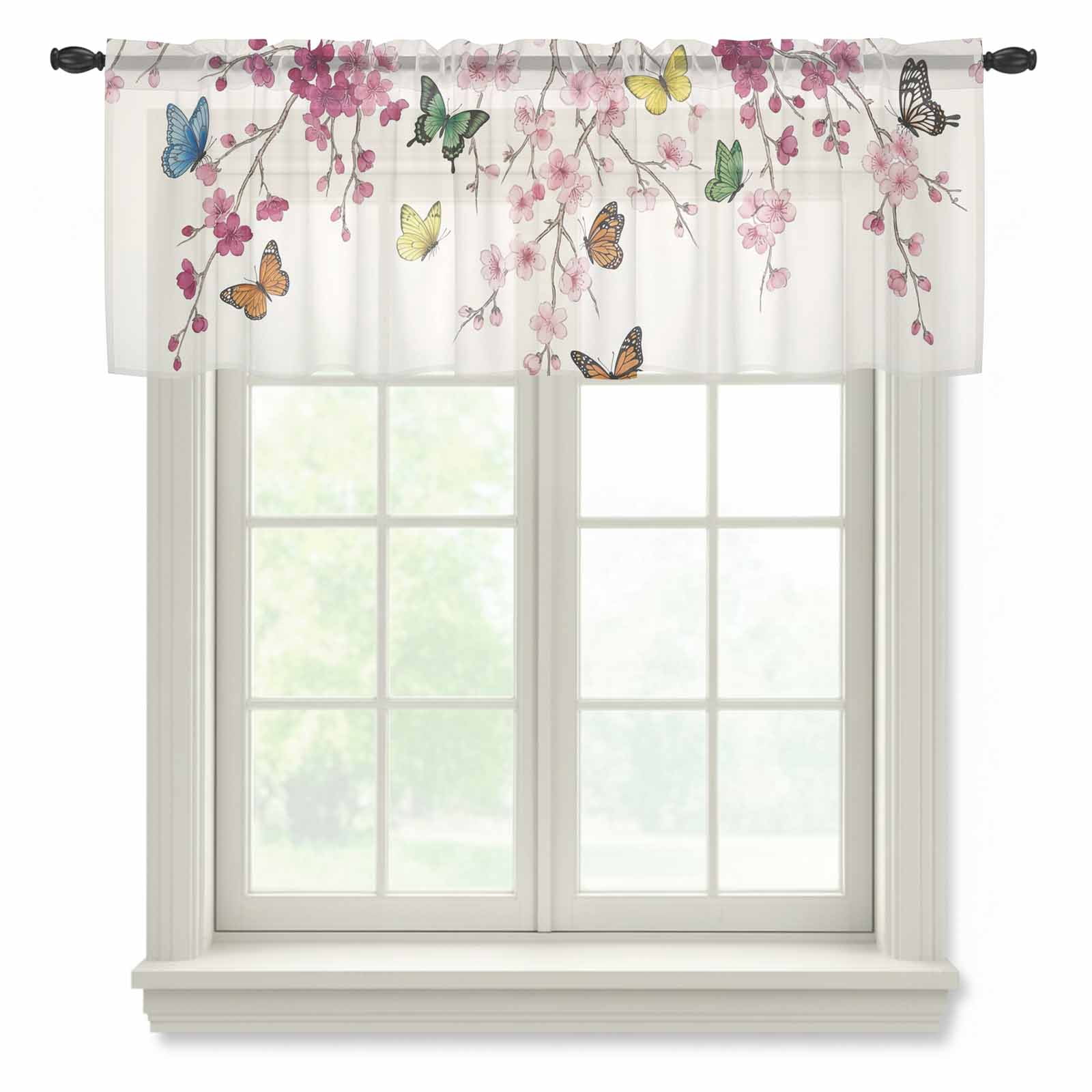Spring Floral Sheer Valances for Windows, Watercolor Pink Cherry ...