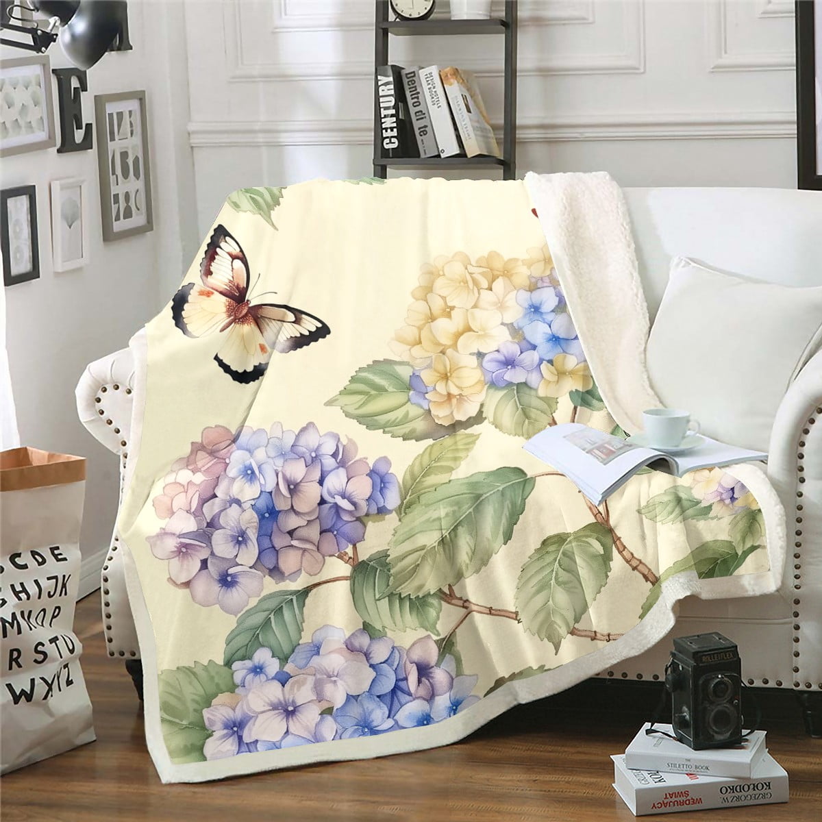 Spring Floral Sherpa Blanket For Girls Rustic Hydrangea Flower Fleece ...