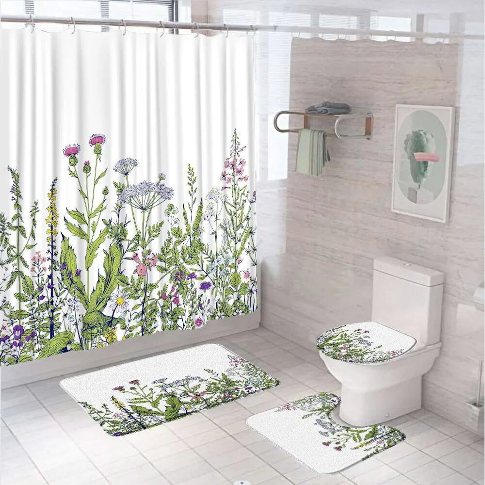 Spring Floral Shower Curtain Set Bathroom Screen Watercolor Flower