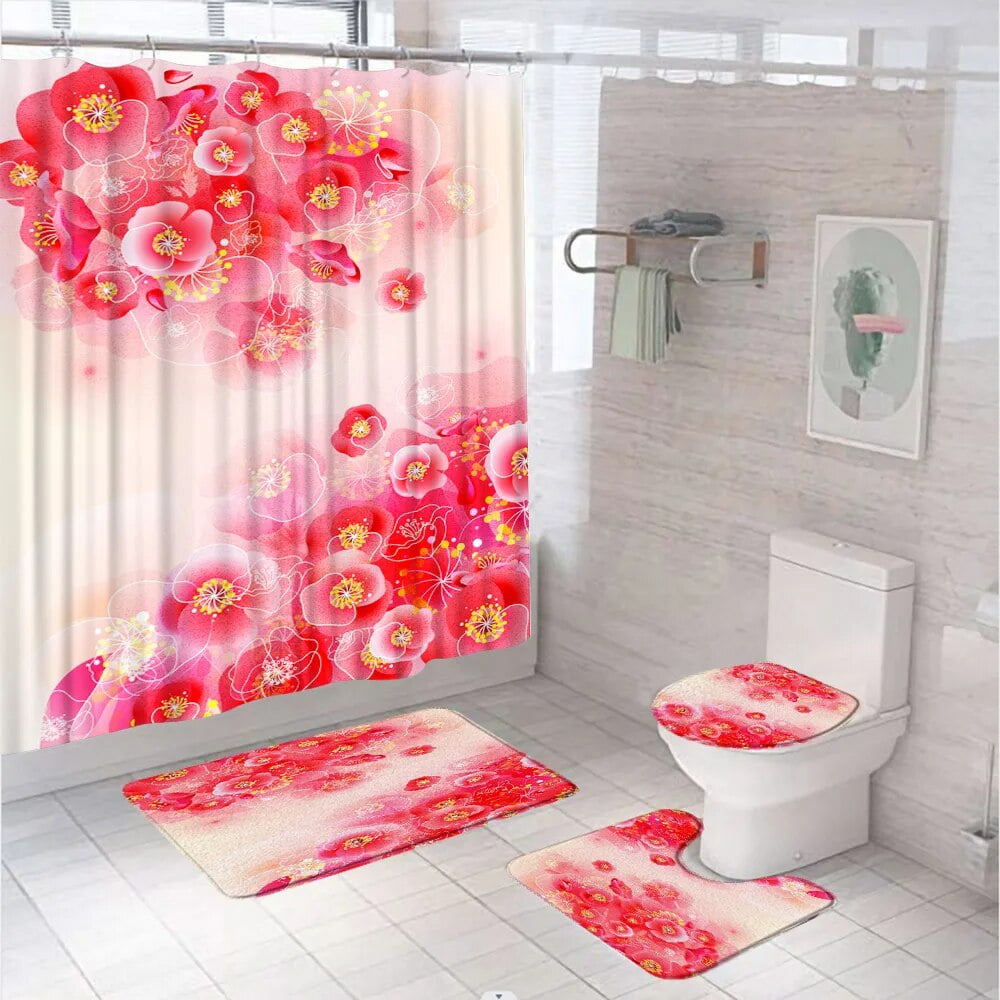 Spring Floral Shower Curtain Set Bathroom Screen Watercolor Flower