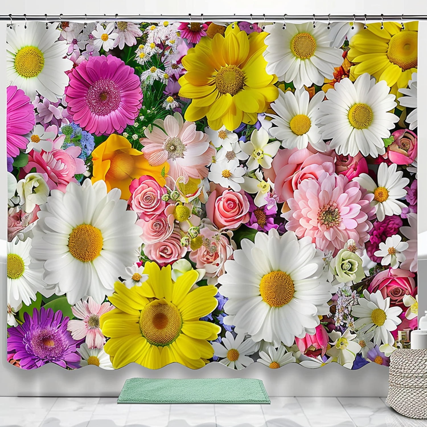 Spring Floral Shower Curtain Set With Daisies Roses And Chrysanthemums