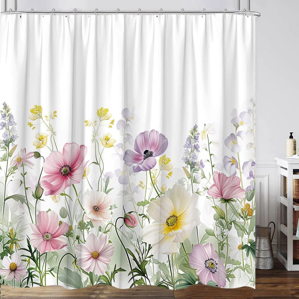 Spring Floral Shower Curtain Watercolor Butterfly Botanical Green Leaf