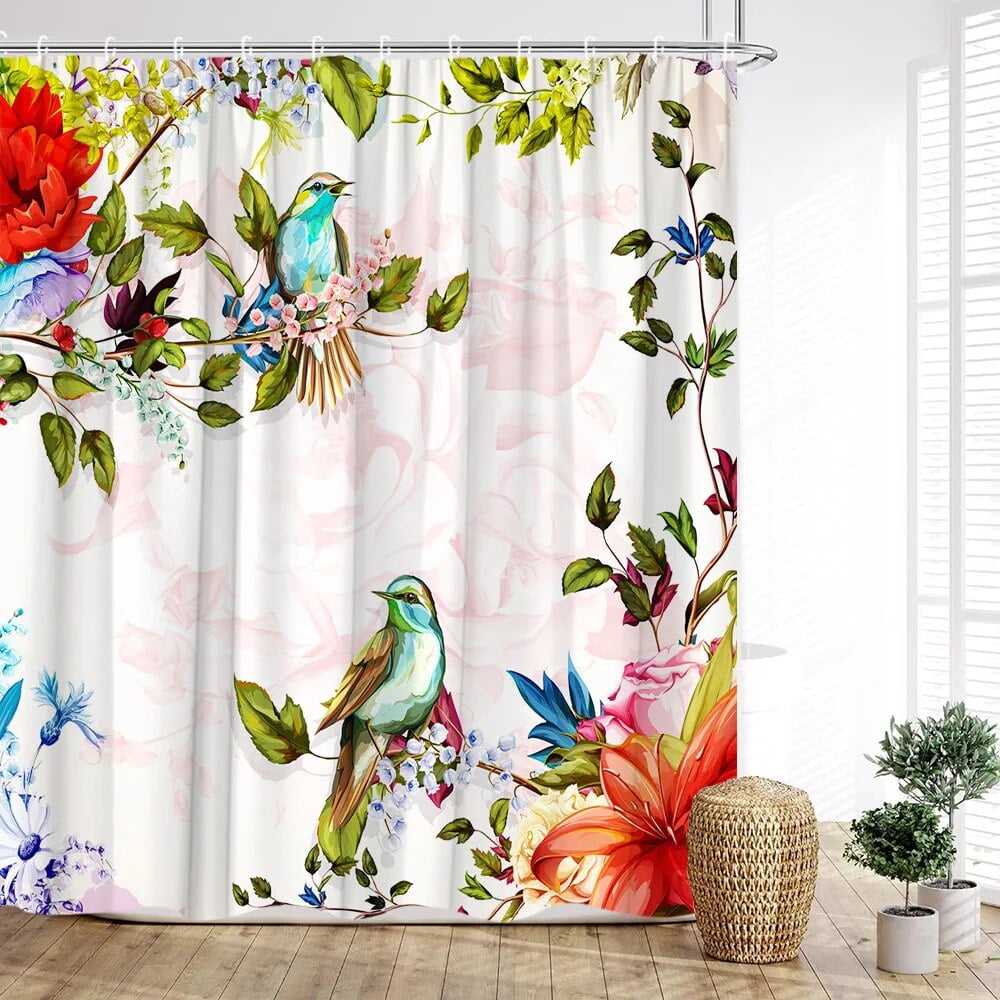 Spring Floral Shower Curtain Watercolor Hummingbird Butterfly Farm