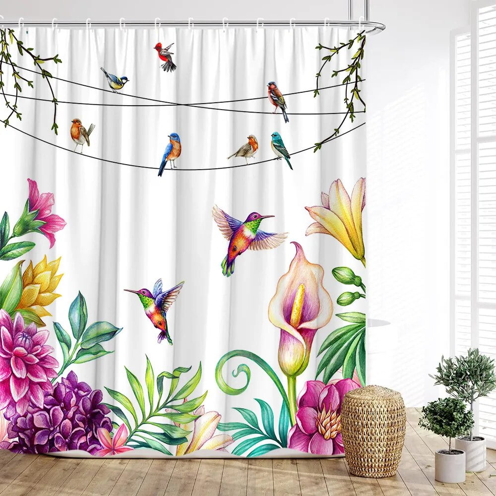 Spring Floral Shower Curtain Watercolor Hummingbird Butterfly Farm
