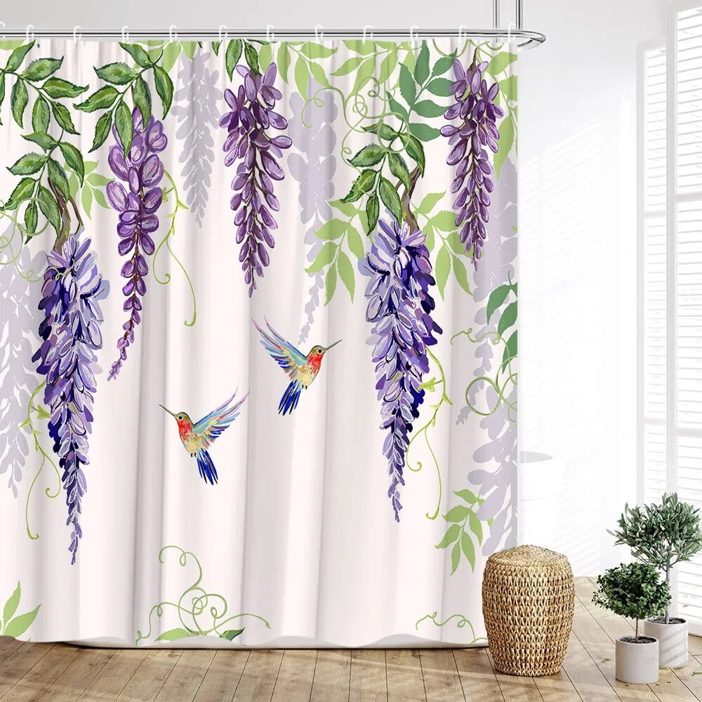 Spring Floral Shower Curtain Watercolor Hummingbird Butterfly Farm