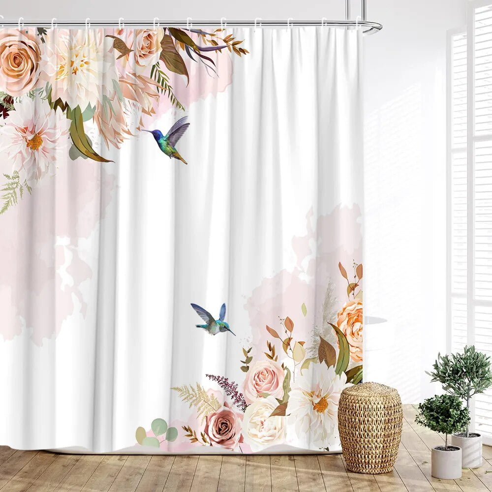 Spring Floral Shower Curtain Watercolor Hummingbird Butterfly Farm