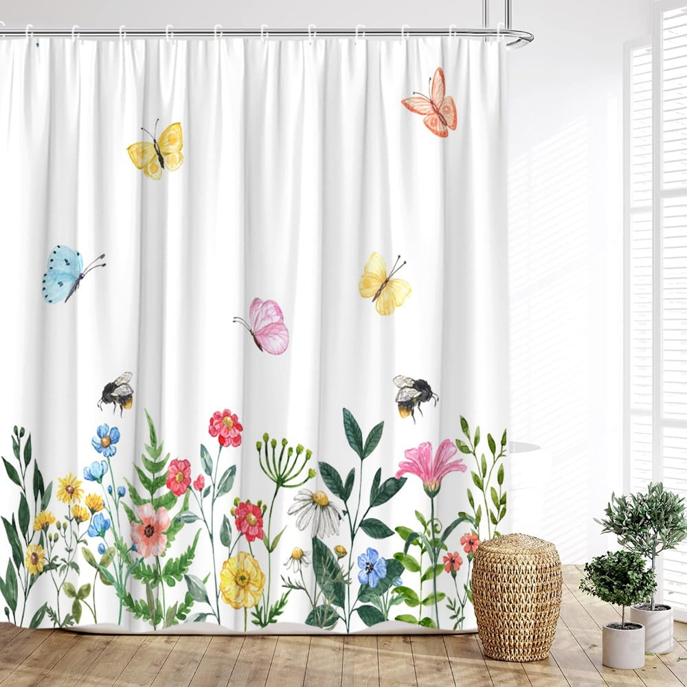 Spring Floral Shower Curtain Watercolor Hummingbird Butterfly Farm