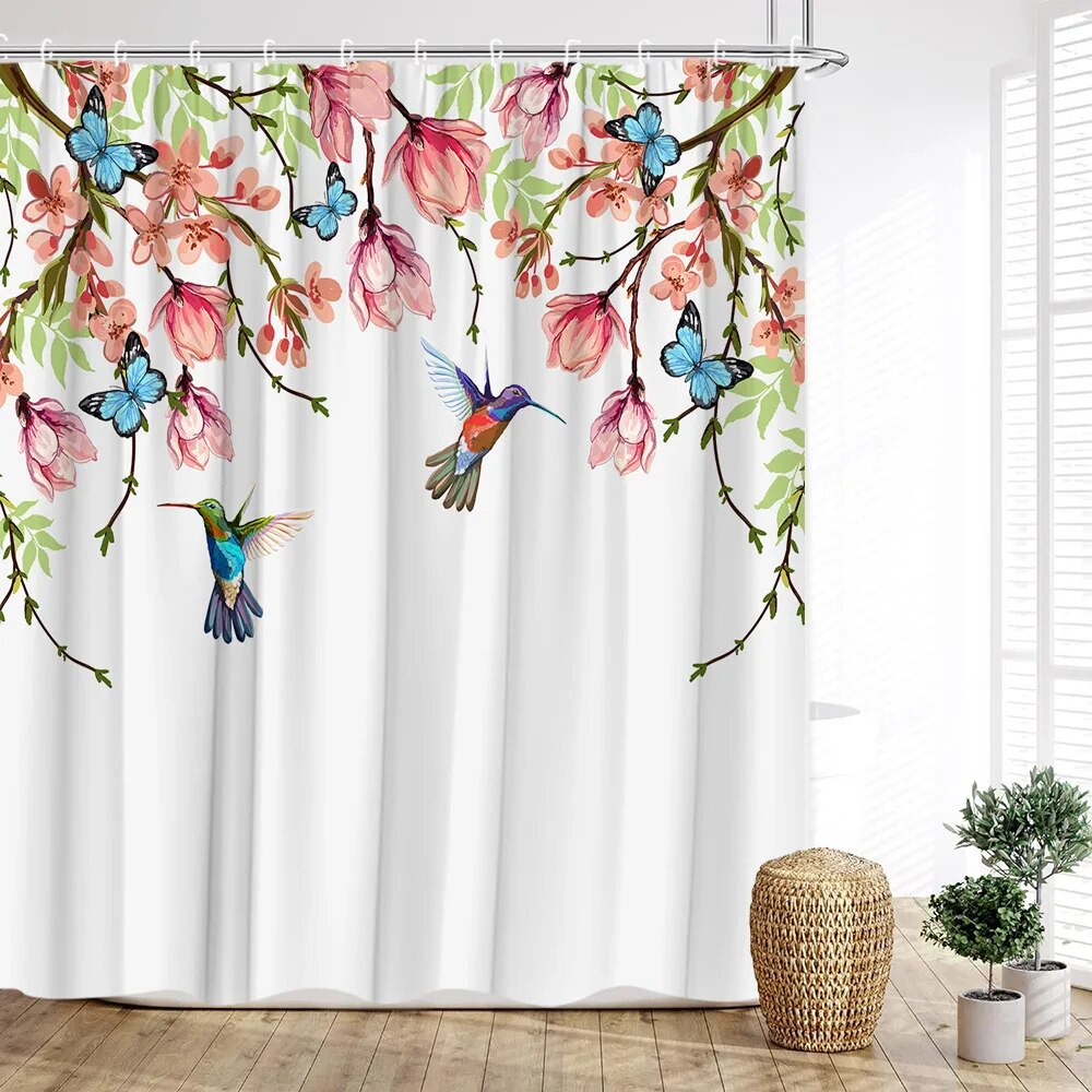 Spring Floral Shower Curtain Watercolor Hummingbird Butterfly Farm