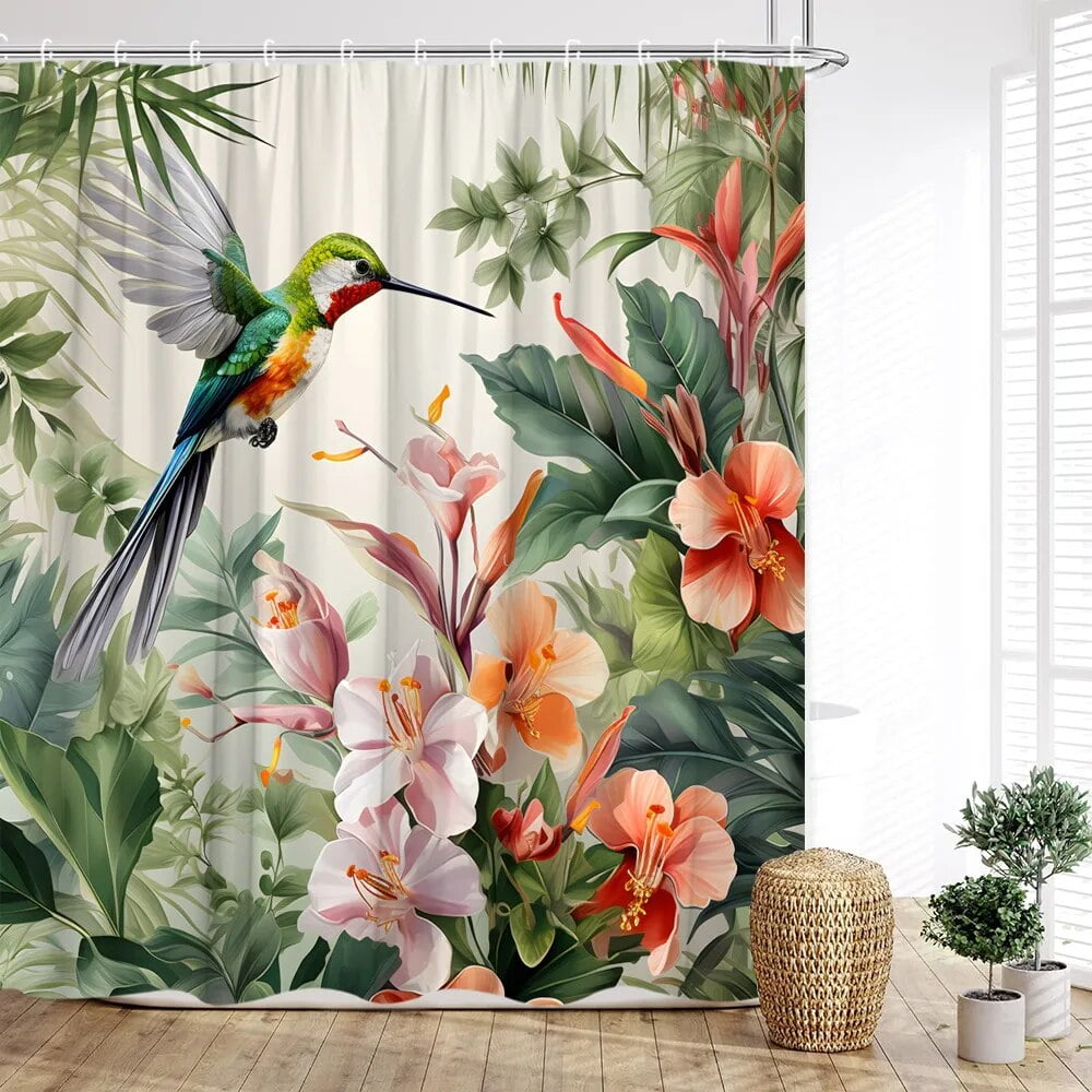 Spring Floral Shower Curtain Watercolor Hummingbird Butterfly Farm