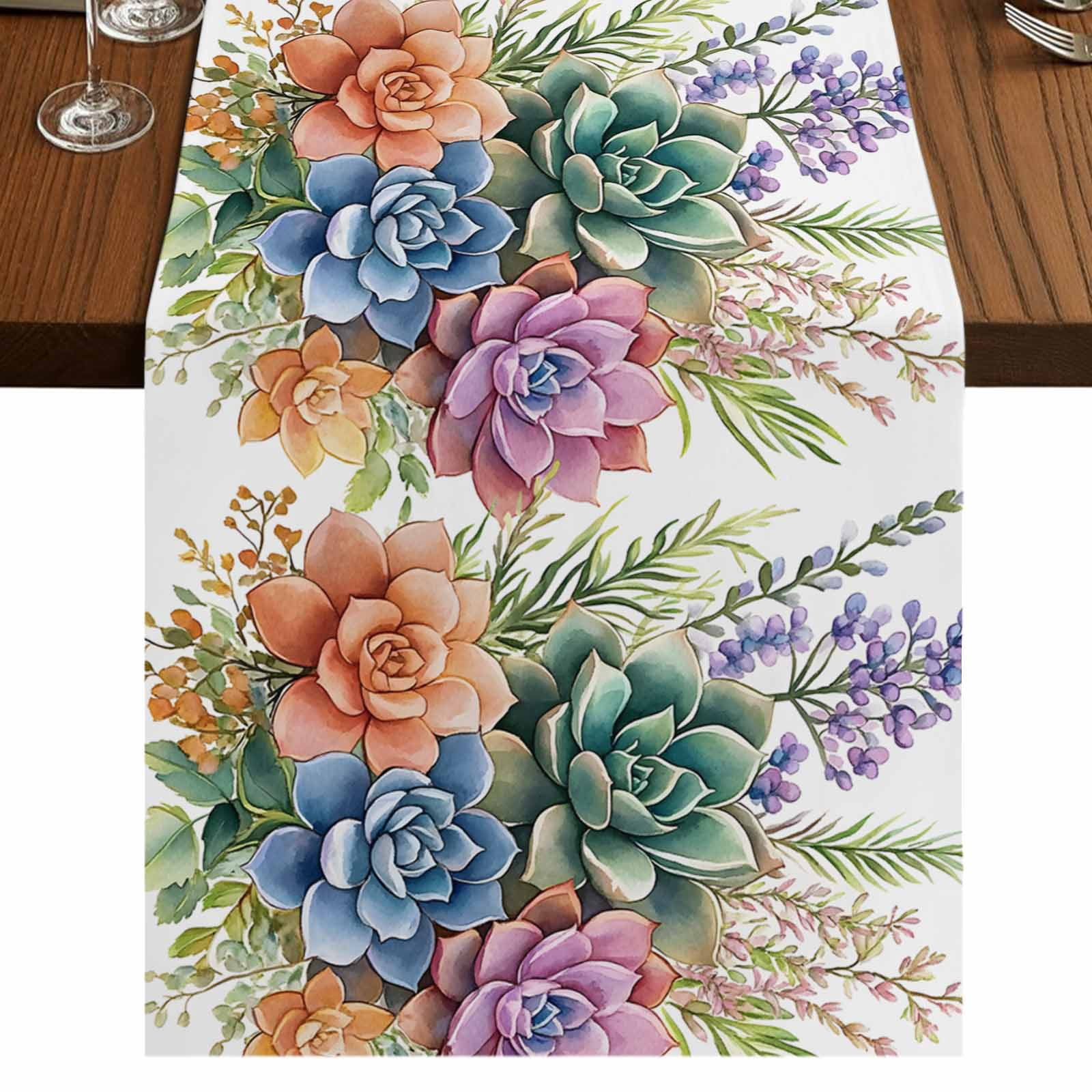 Spring Floral Succulents 36 Inch Table Runner, Watercolor Botanical ...