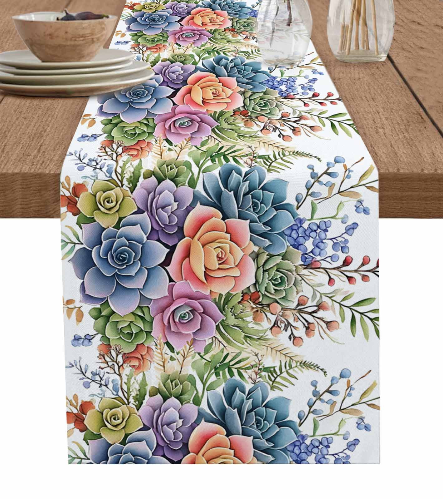 Spring Floral Succulents Burlap Cotton Table Runner 13x120 Inches Long ...