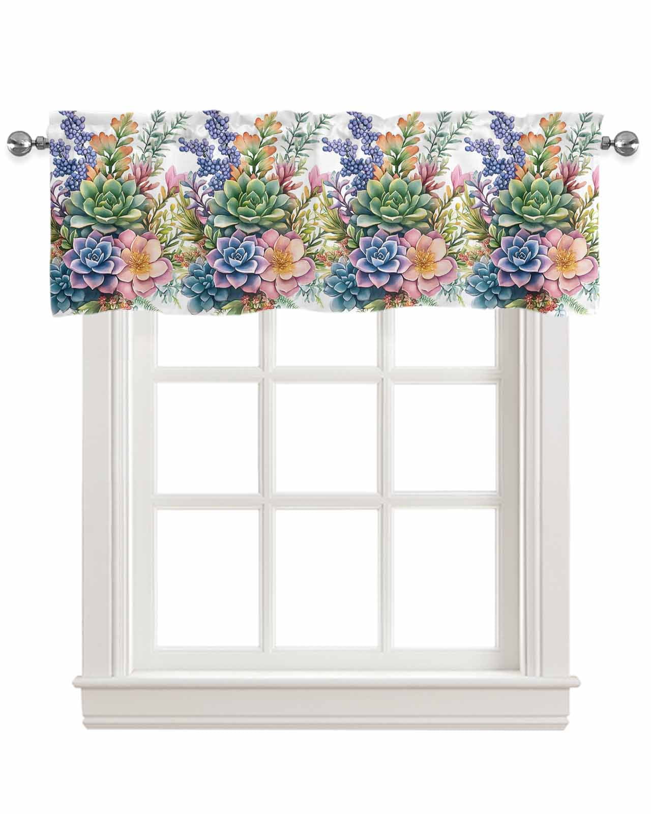 Spring Floral Succulents Kitchen Valances for Windows Farmhouse Linen ...