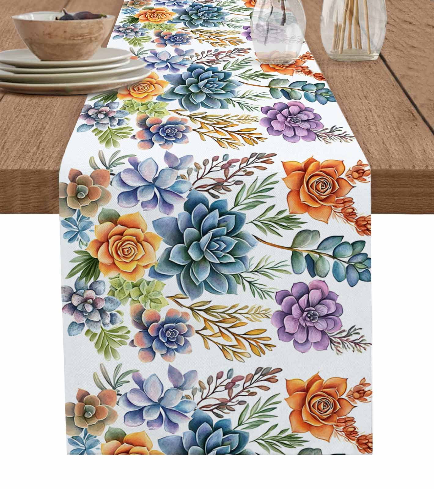 Spring Floral Succulents Table Runner 120 Inches, Watercolor Botanical Farmhouse Bed Runner ...