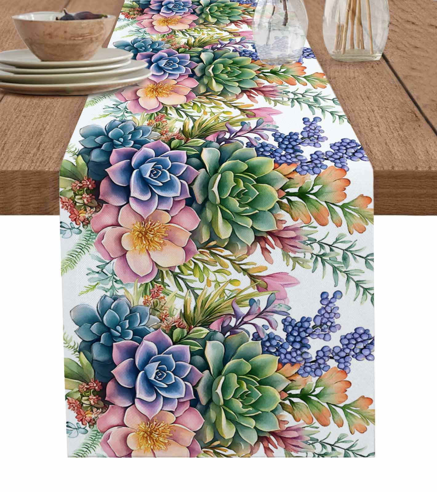 Spring Floral Succulents Table Runner 36 Inches, Watercolor Botanical Flowers Bed Runner Dresser ...